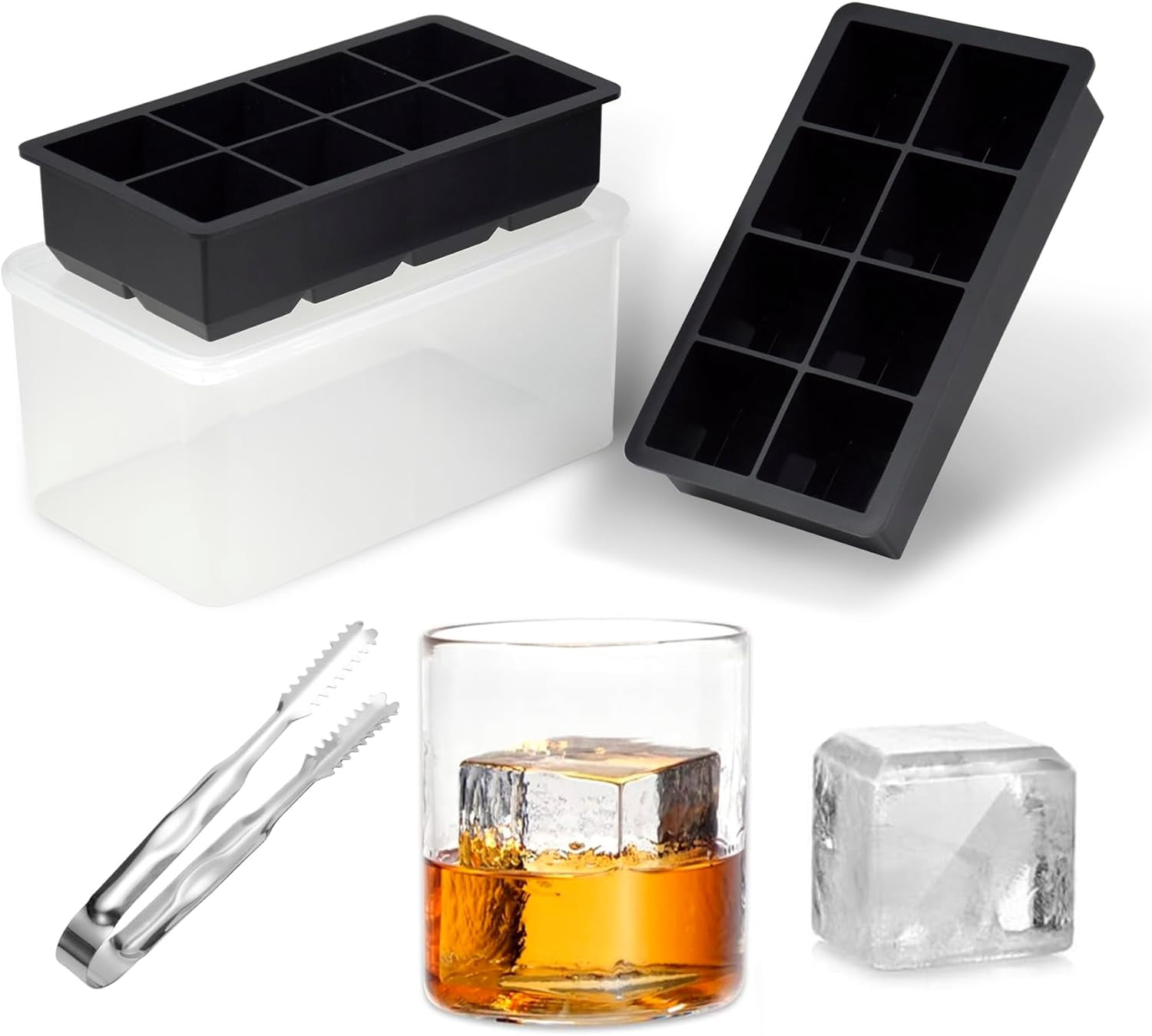 **large ice cube tray with bin and tongs,2 pack large size silicone ice ...