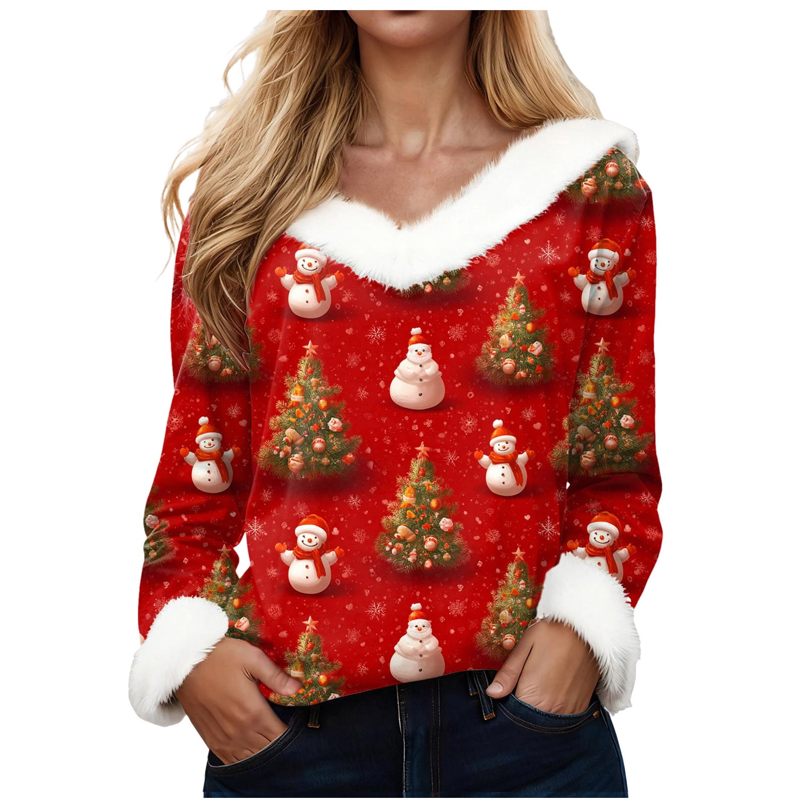 larppty Christmas Shirt Women Sexy Plush Fur Trim Vneck Xmas Top ...