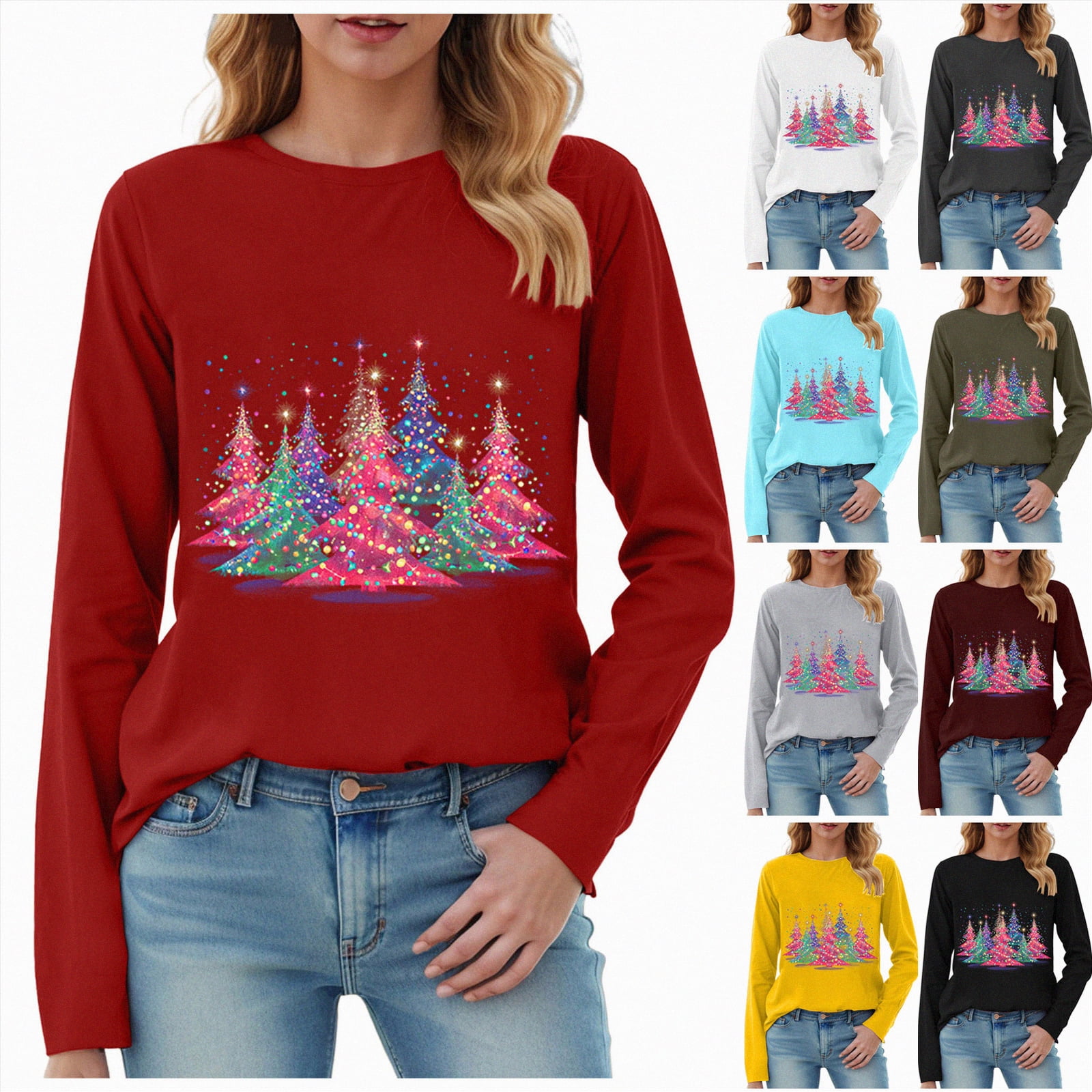 larppty Christmas Shirts Women Colorful Christmas Tree Graphic Shirt ...