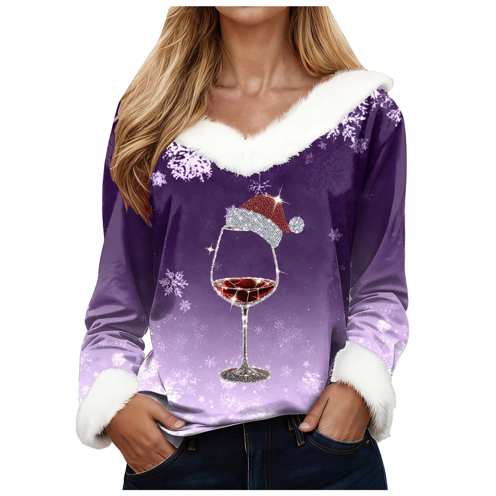 larppty Christmas Sweater for Women - Faux Fur Trim V-Neck Pullover ...