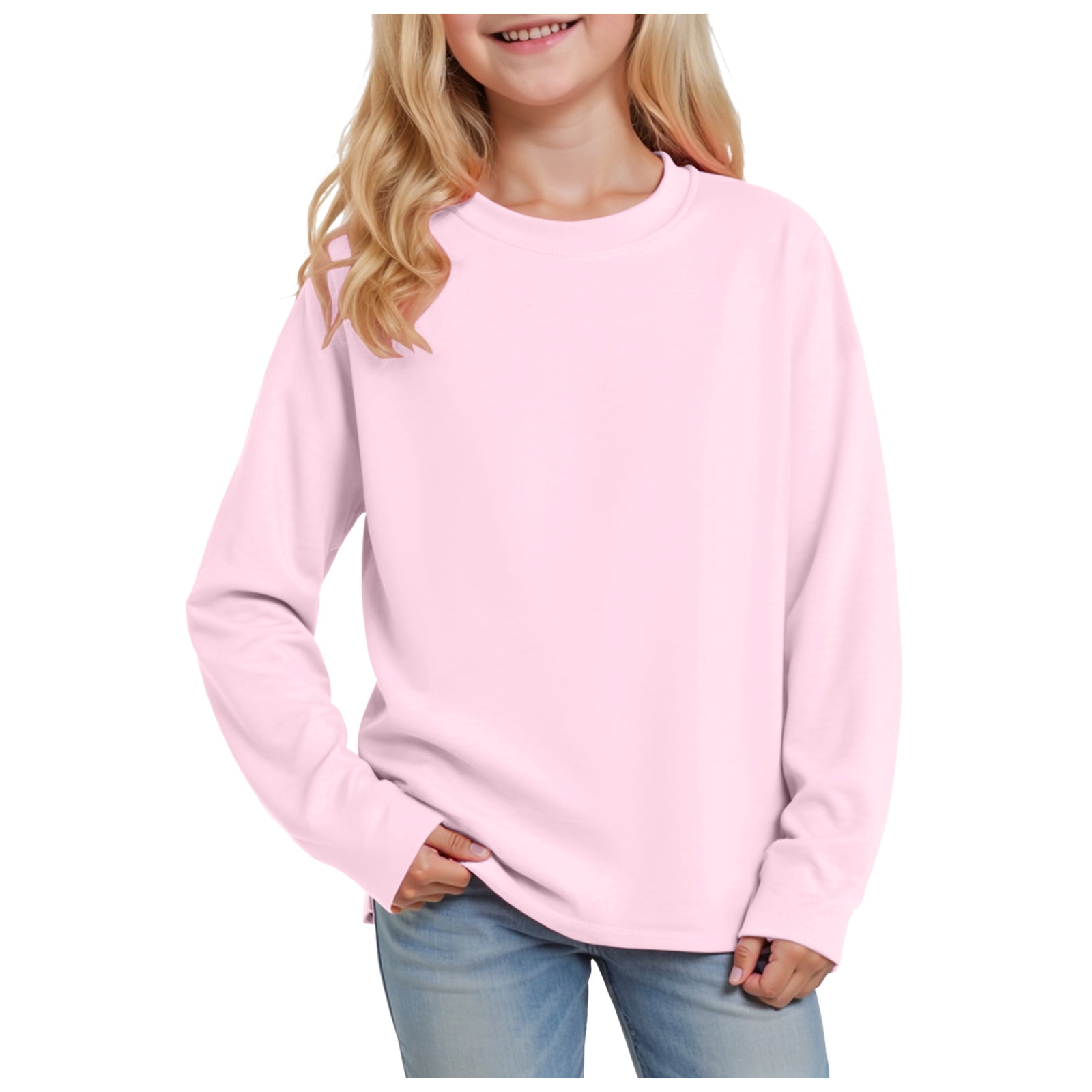 larppty Girls Solid Color Long Sleeve Shirts Crewneck T-Shirts for ...