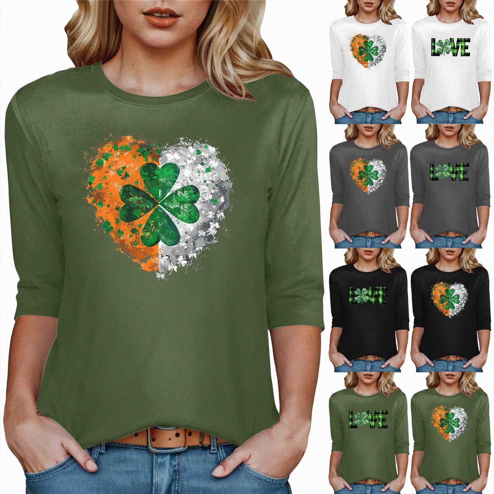 larppty Saint Patricks Day for Women Lucky Shamrock 3/4 Sleeve Shirt ...