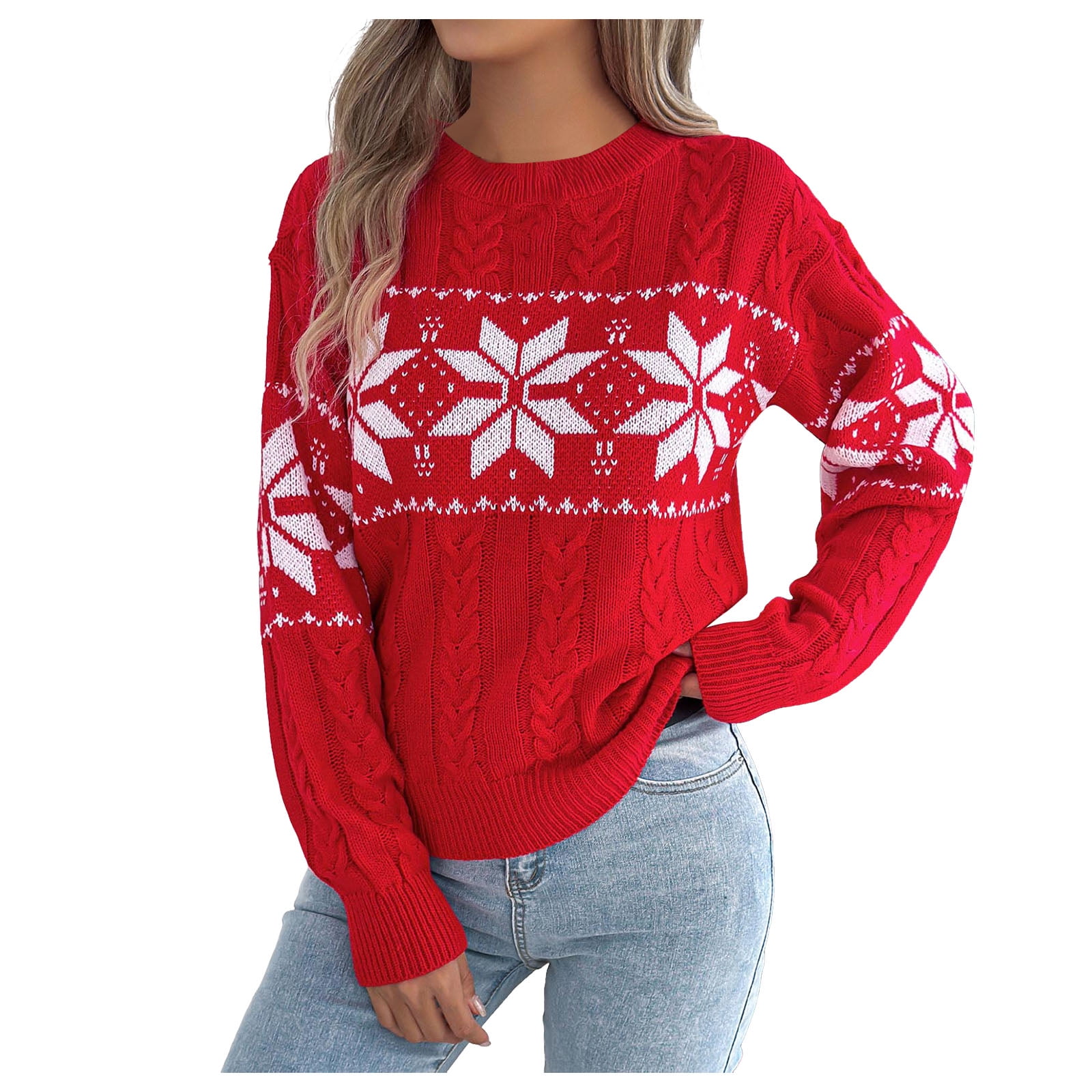 larppty Sweaters for Women Casual Crewneck Long Sleeve Snowflake Print ...