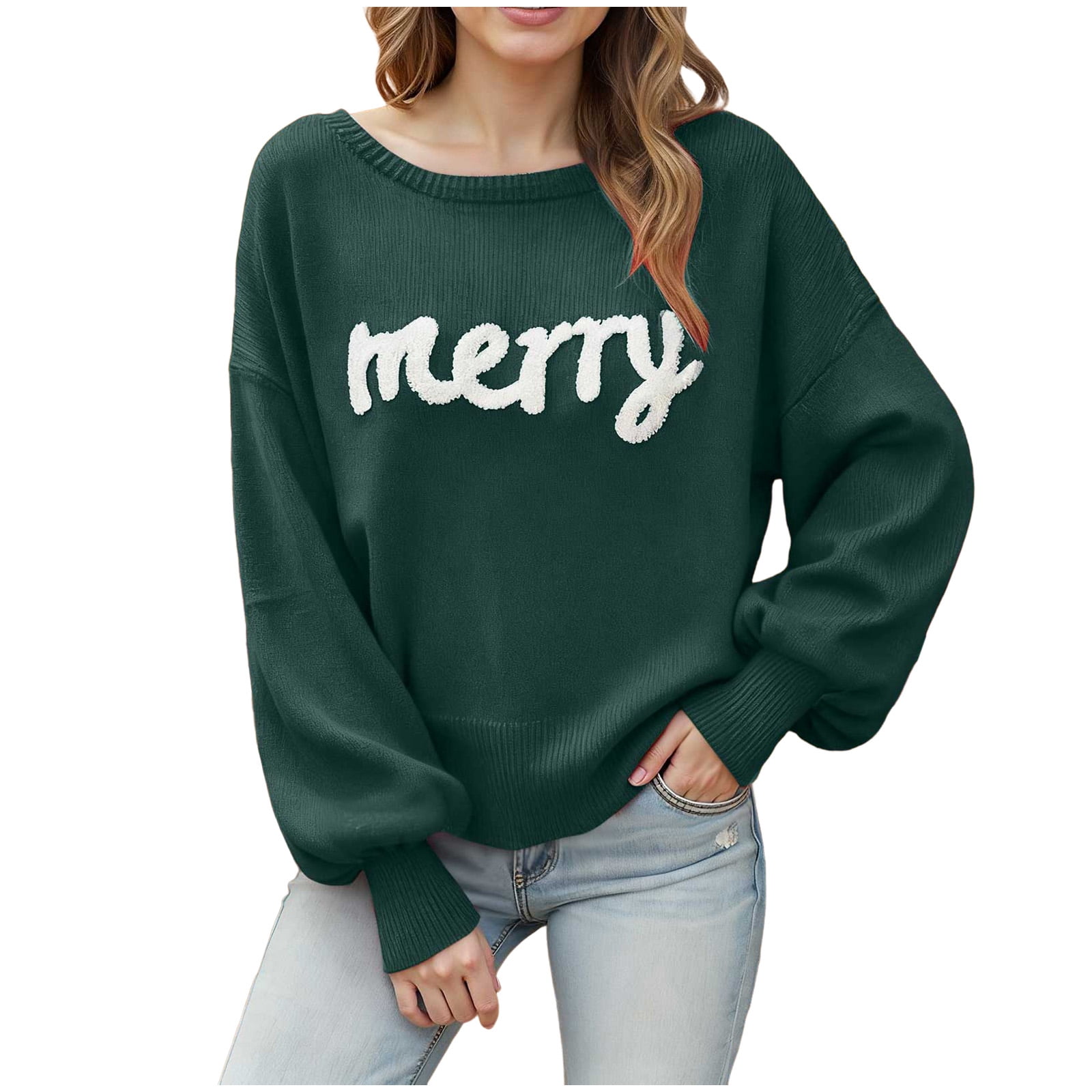 larppty Women Christmas Merry Sweater Cute Letter Print Christmas Knit ...