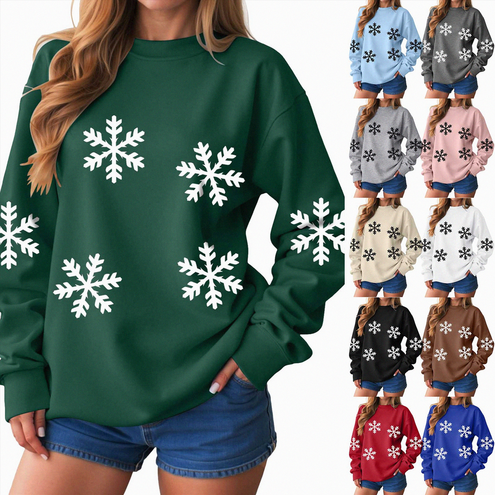 larppty Women's Christmas Sweater Snow Flake Print Xmas Sweatshirts ...