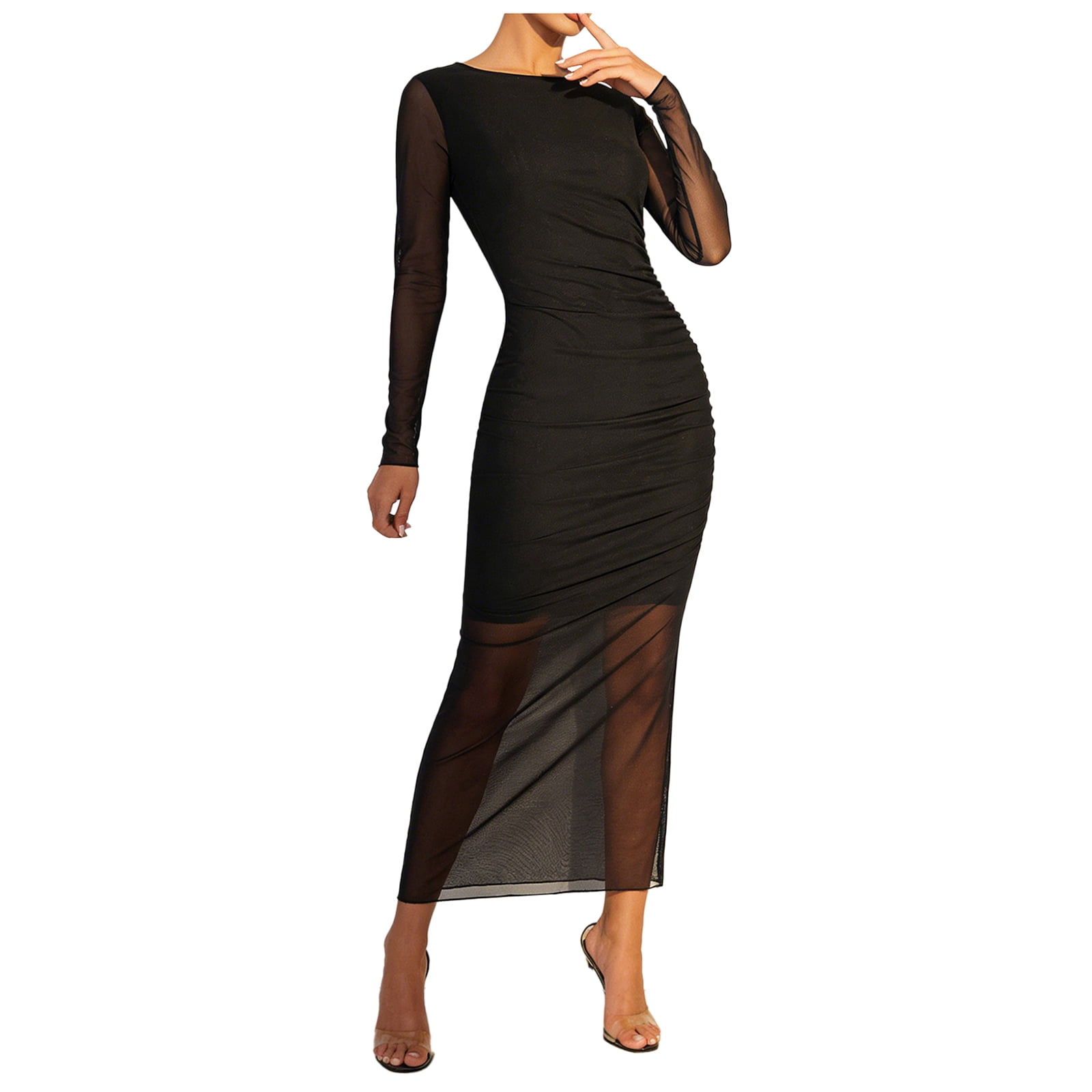 larppty Women's Long Sleeve Sheer Mesh Bodycon Midi Dress with Ruched ...