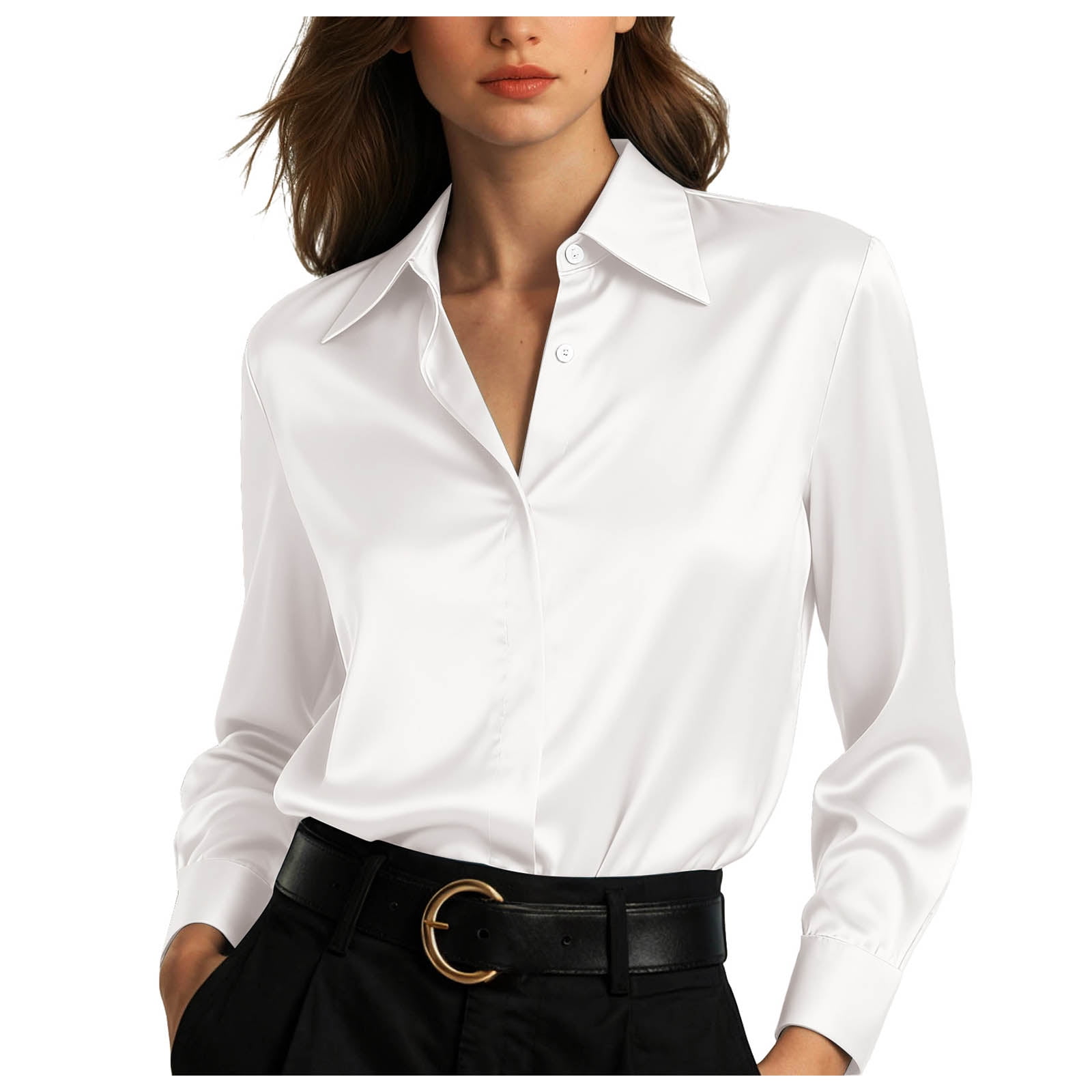 larppty Womens Satin Button Down Shirt Business Casual Long Sleeve Silk ...