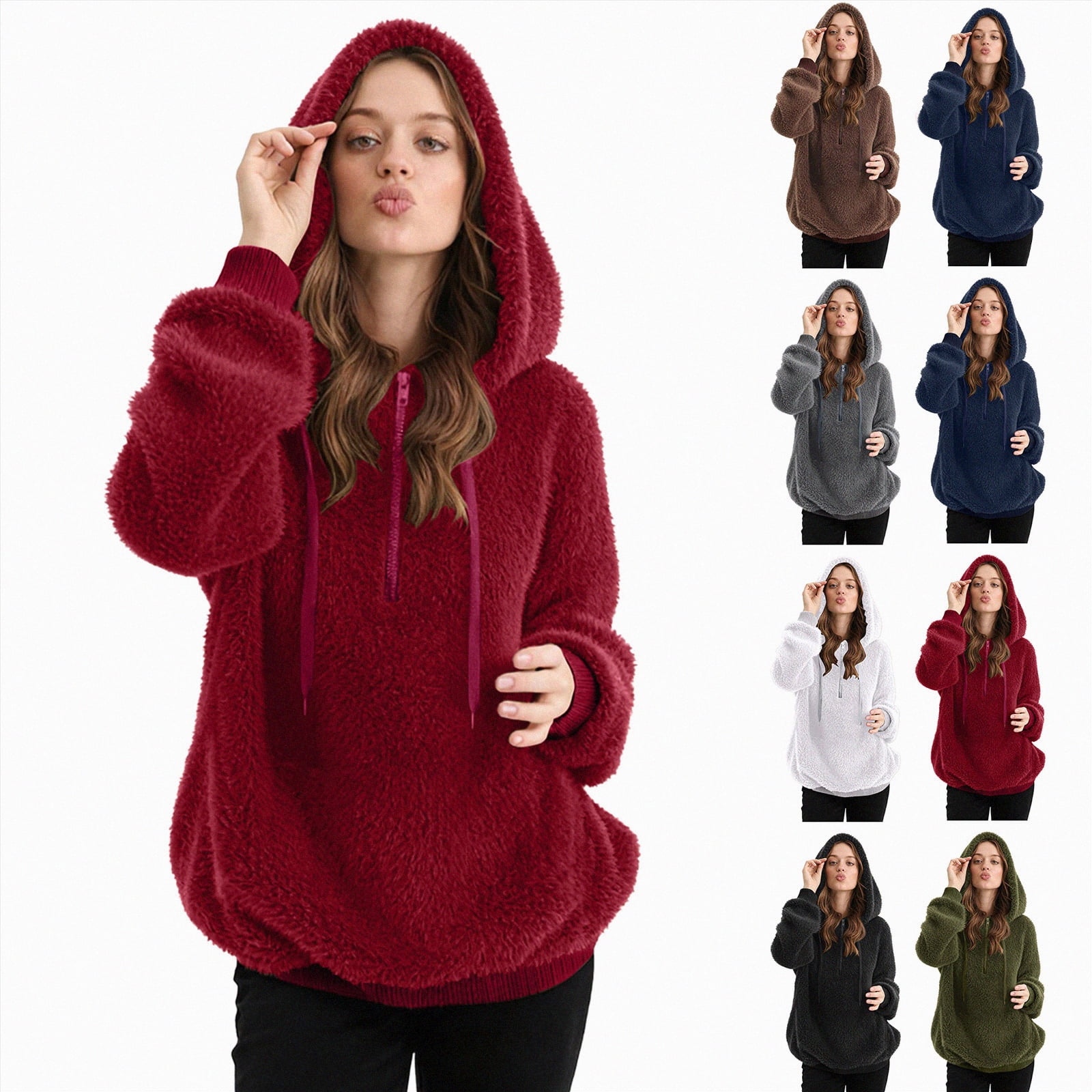 larppty Womens Sherpa Jacket Fuzzy Fleece Zip Up Hoodies Quarter Zip ...