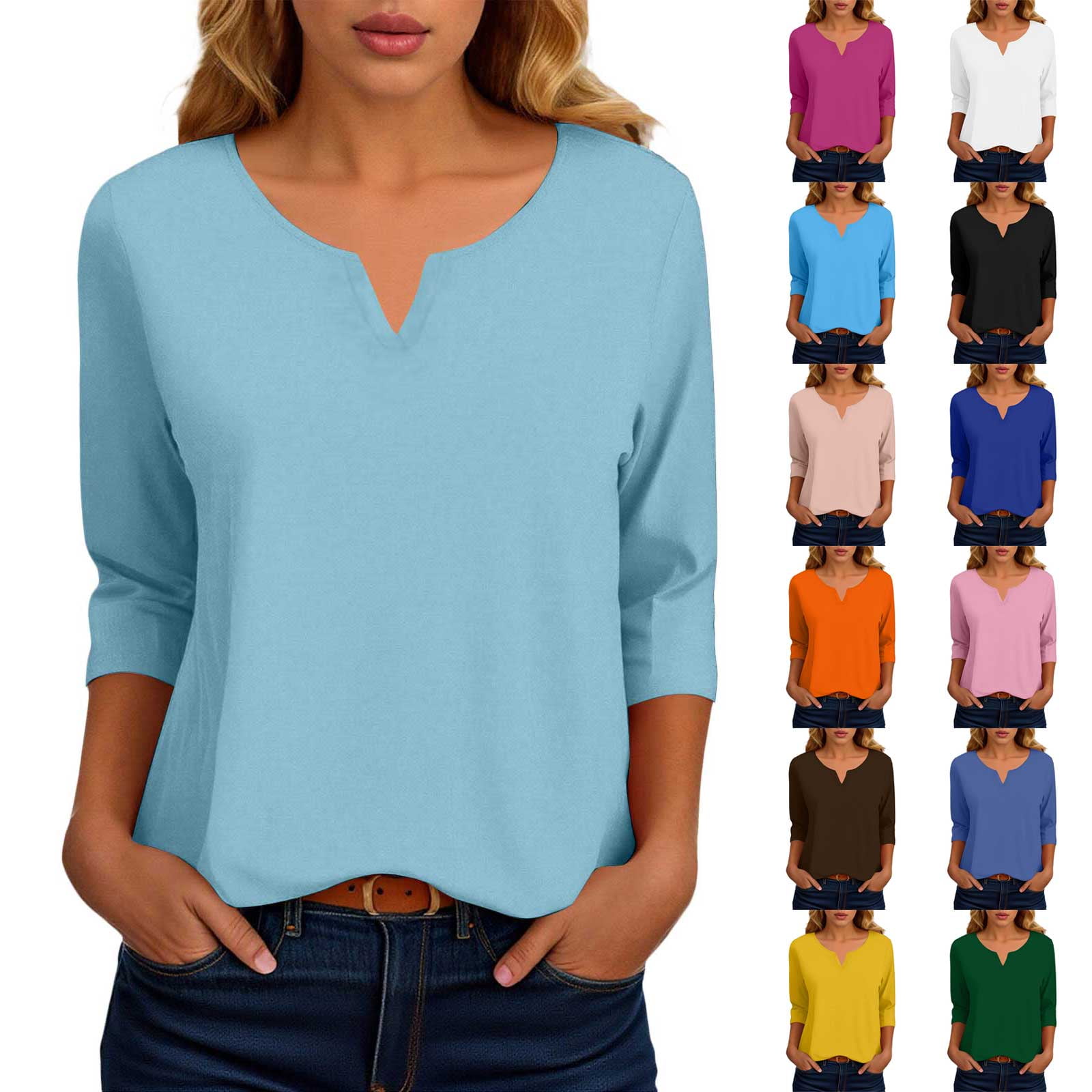 larppty Womens V Neck 3/4 Sleeve T-Shirts Solid Color Casual Basic Tops ...