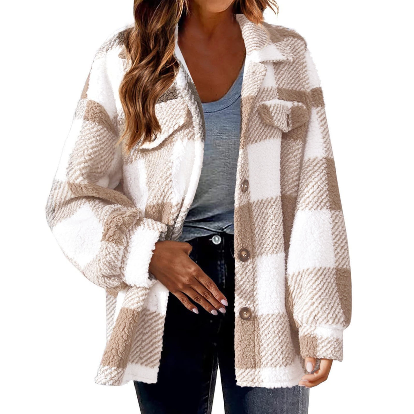 lcziwo 2024 Fleece Jacket Women Plaid Flannel Shacket Jackets,Plaid ...