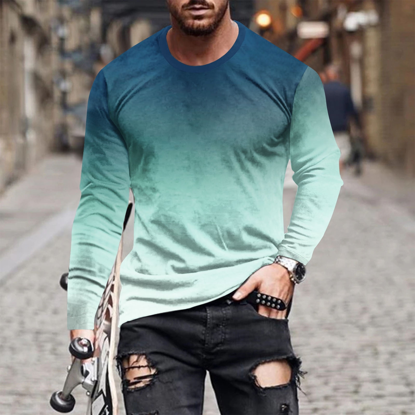 lcziwo 2024 Men's Long Sleeve Crewneck Gradient T-Shirt Casual Fashion ...