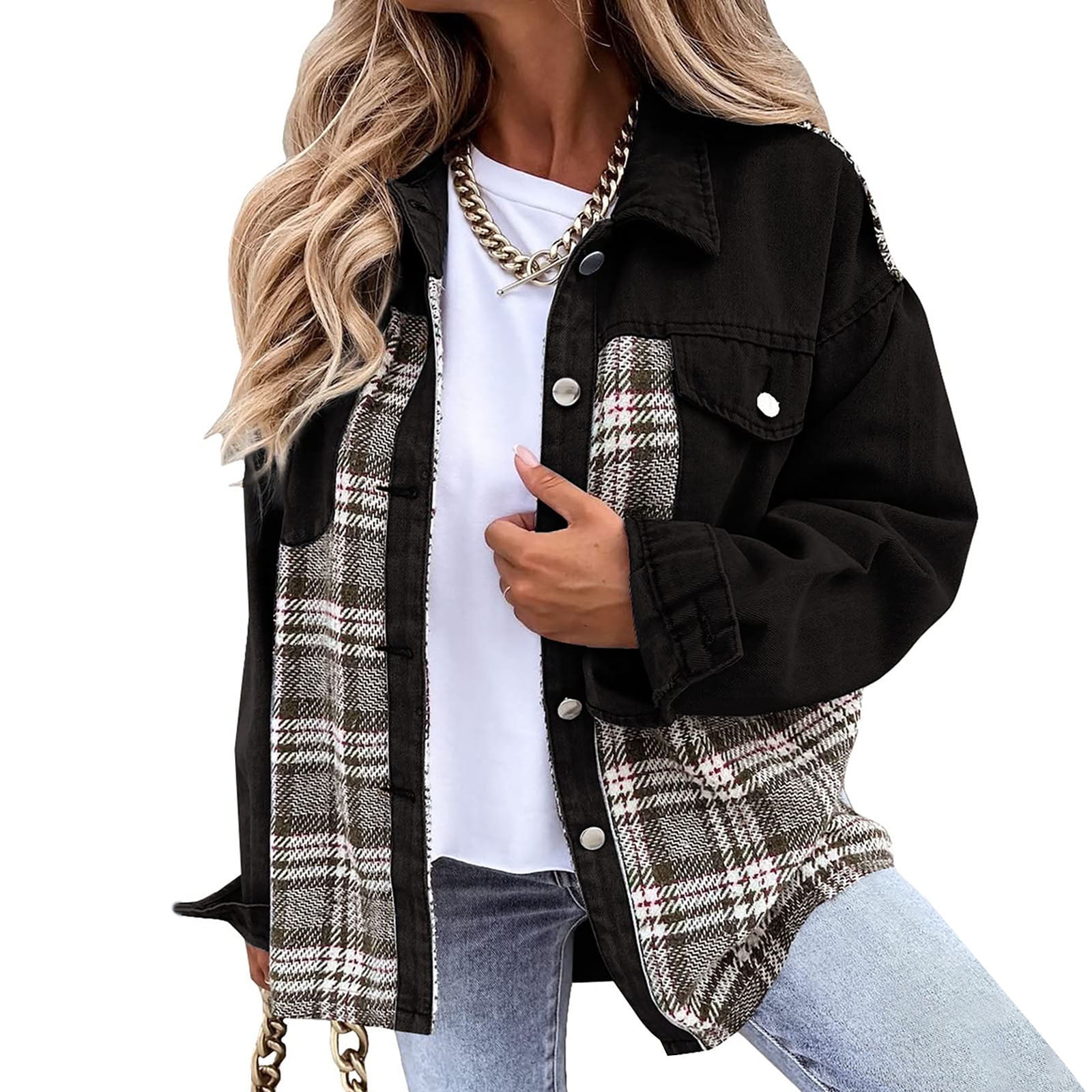 lcziwo 2024 Plaid Shacket Jacket Women Clearance,Women Jean Jacket Long Sleeve Button Down Plaid ...