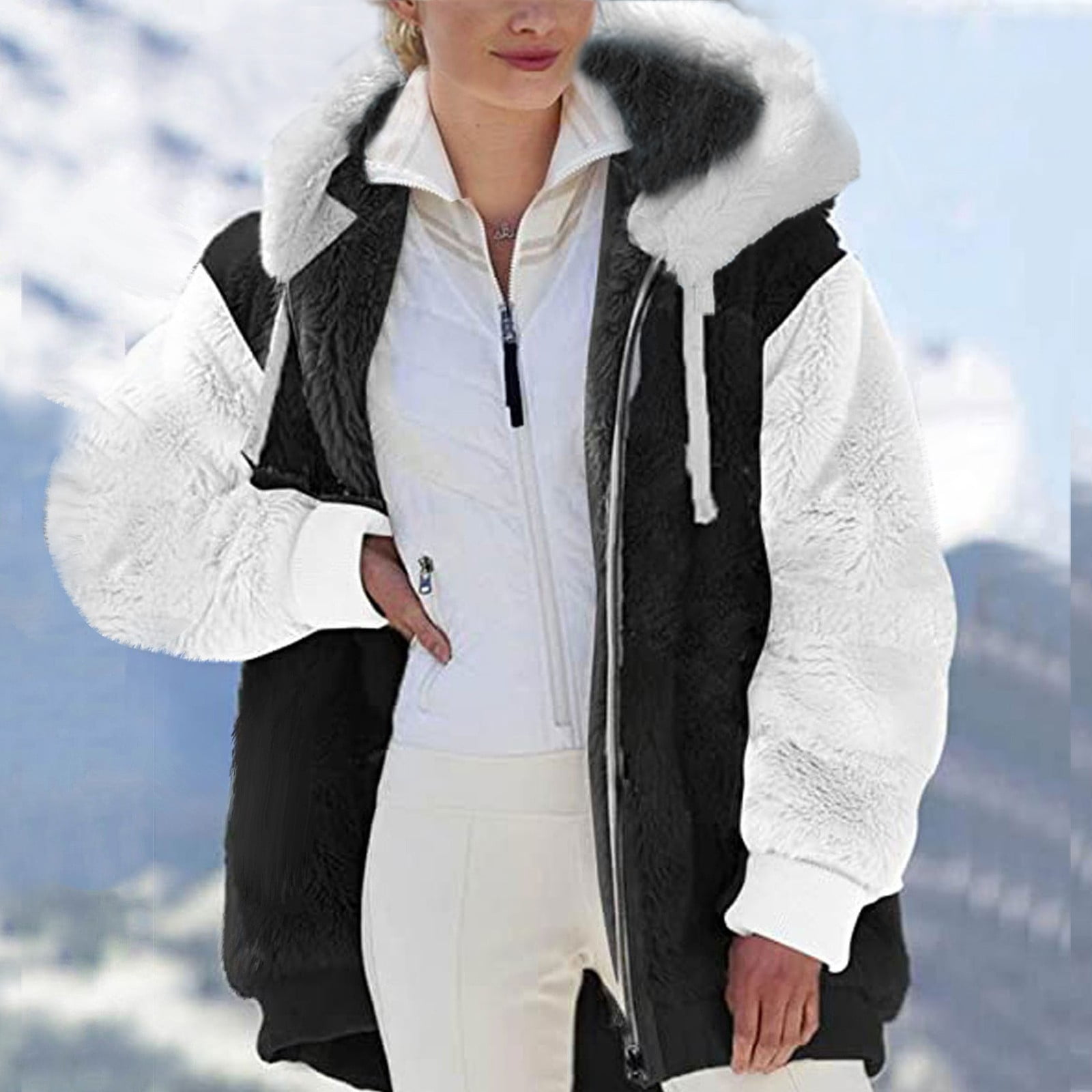 lcziwo 2024 Women Winter Coat Fuzzy Fleece Jacket Color Block Warm ...