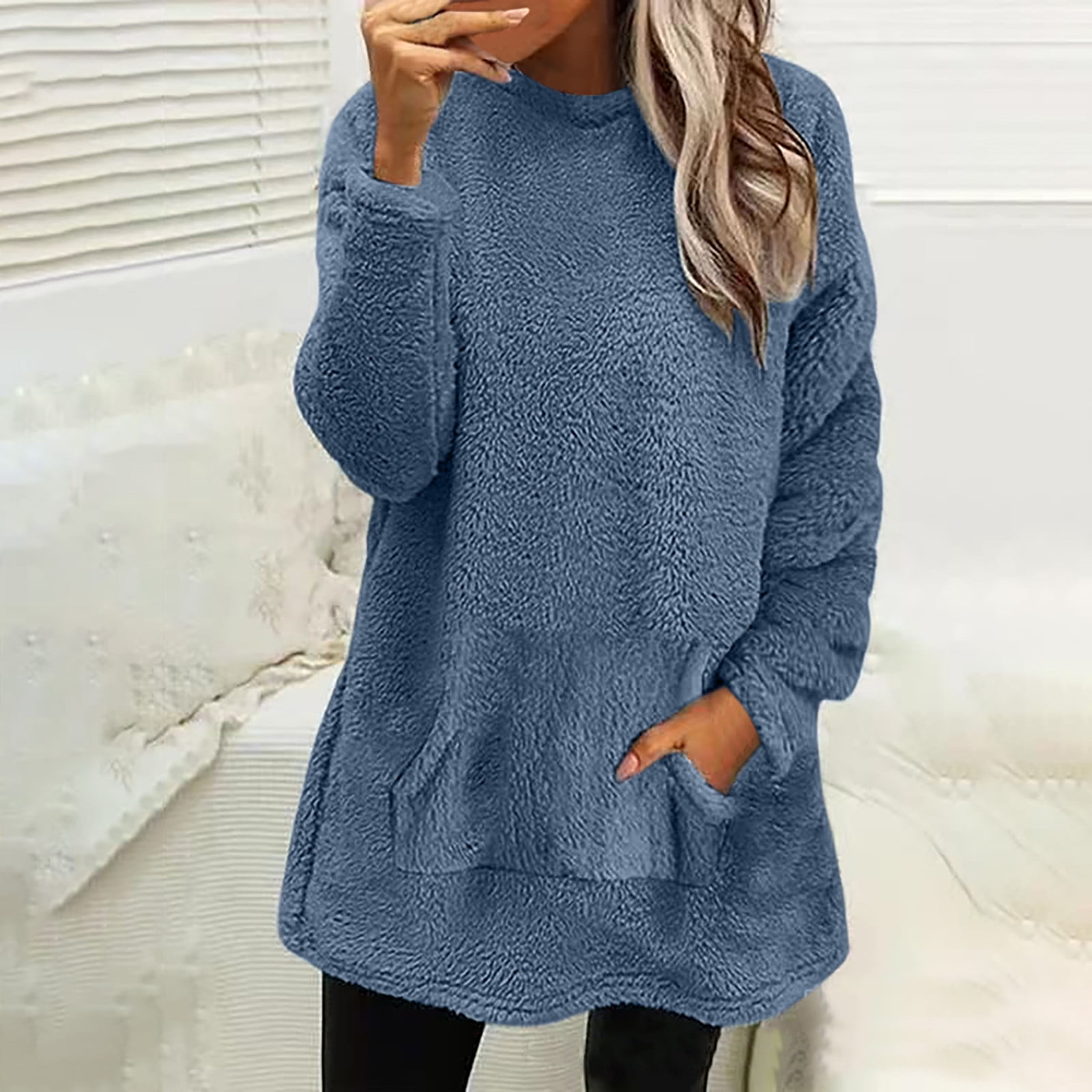 lcziwo 2024 Womens Fuzzy Sherpa Fleece Sweaters Casual Crewneck ...