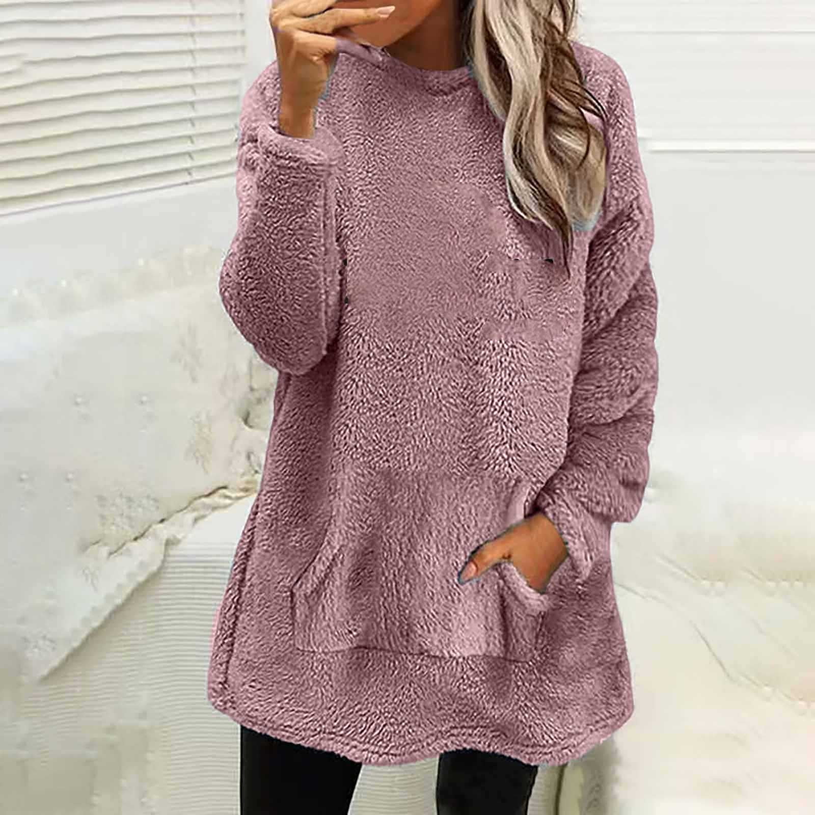 lcziwo 2024 Womens Fuzzy Sherpa Fleece Sweaters Casual Crewneck ...