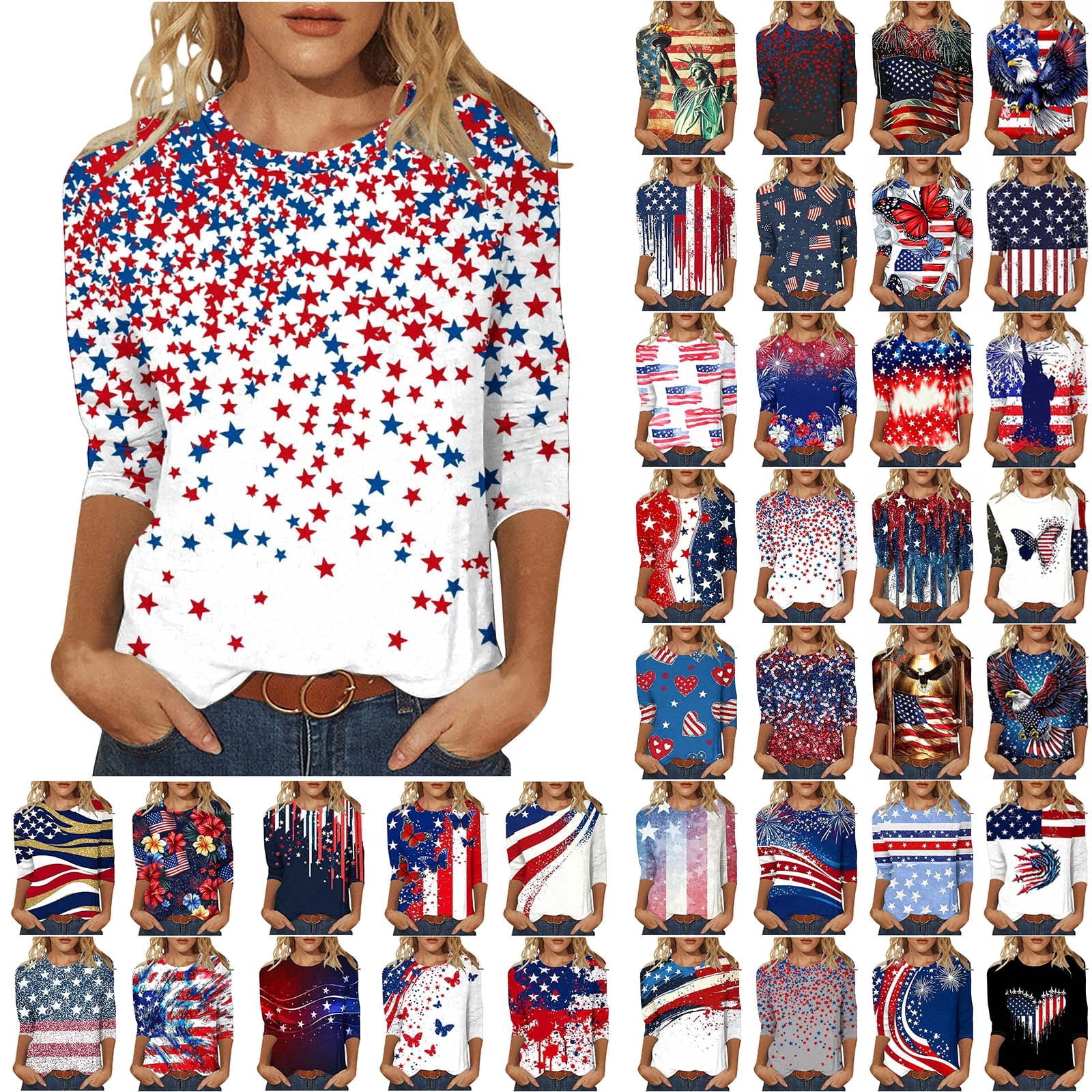 lcziwo American Flag Shirt for Women Soft Basic 3/4 Sleeve Tee 250th ...