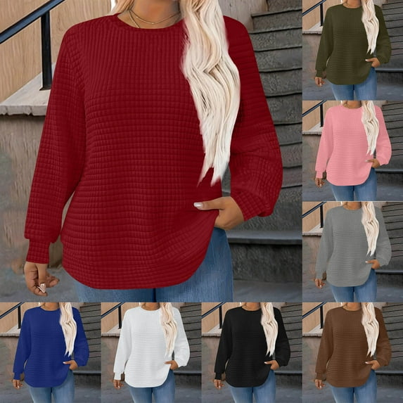 lcziwo Blue Womens Waffle Knit Shirt Long Sleeve Round Neck Solid Color ...