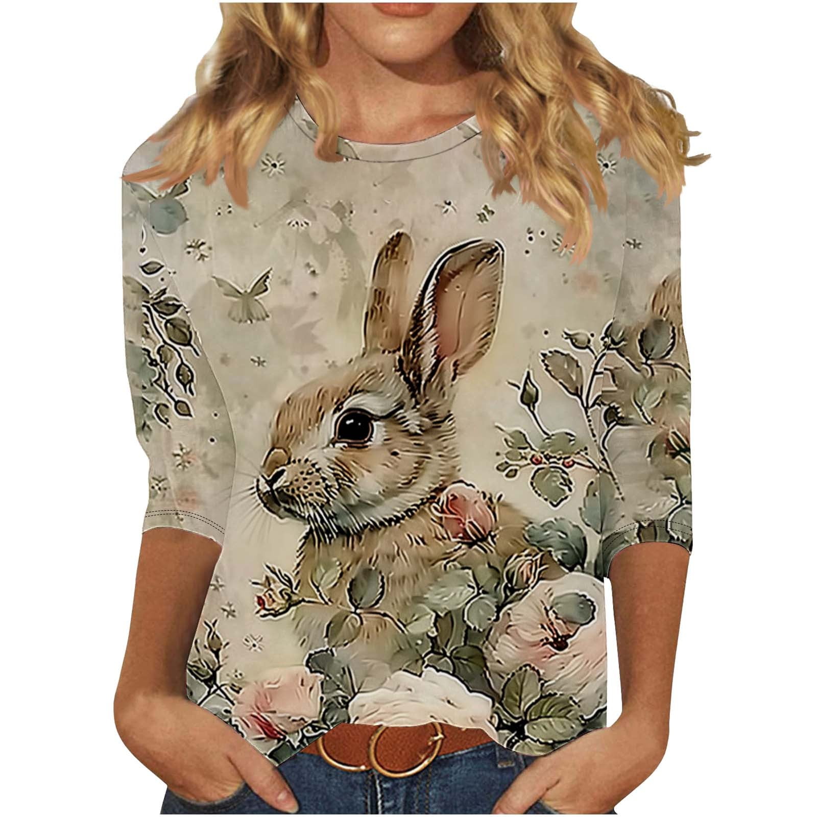 lcziwo Easter Womens Tops Funny Rabbit Bunny Graphic Tees Soft 3/4 ...