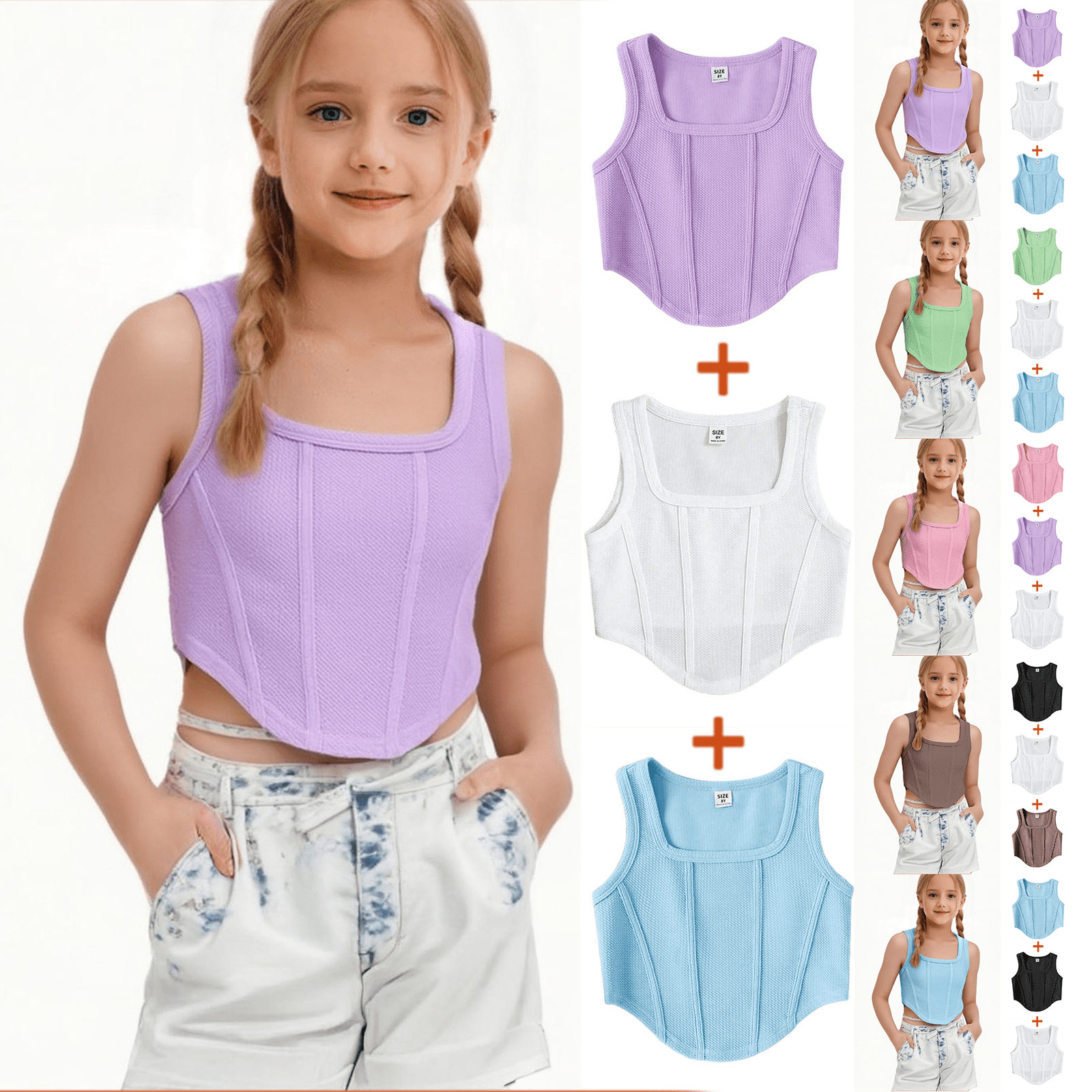 lcziwo Girl's 3 Pack Square Neck Sleeveless Tanks Asymmetrical Fitted ...