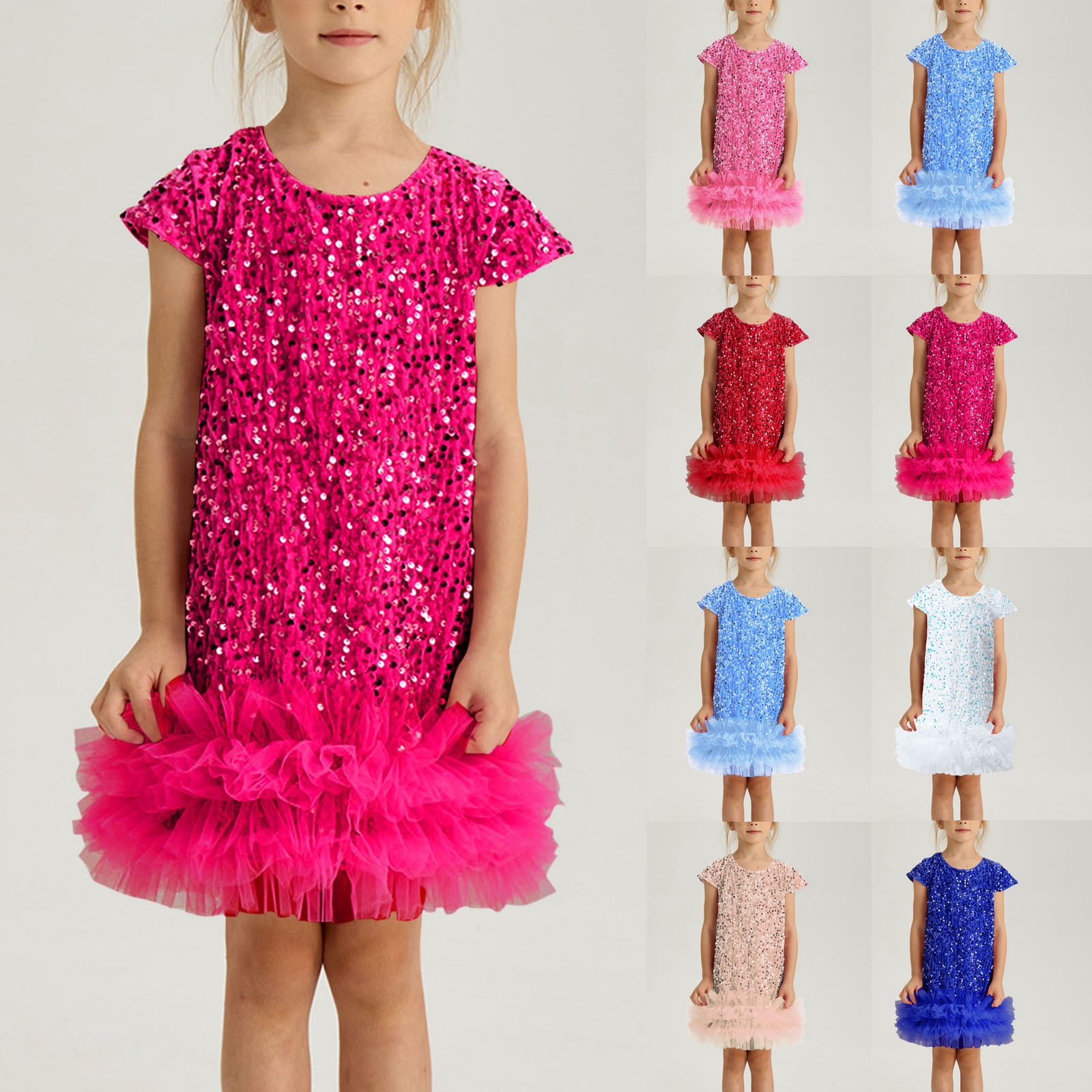 lcziwo Girls Sequin Dress Shiny Short Cap Sleeve Midi Sparkly Party ...