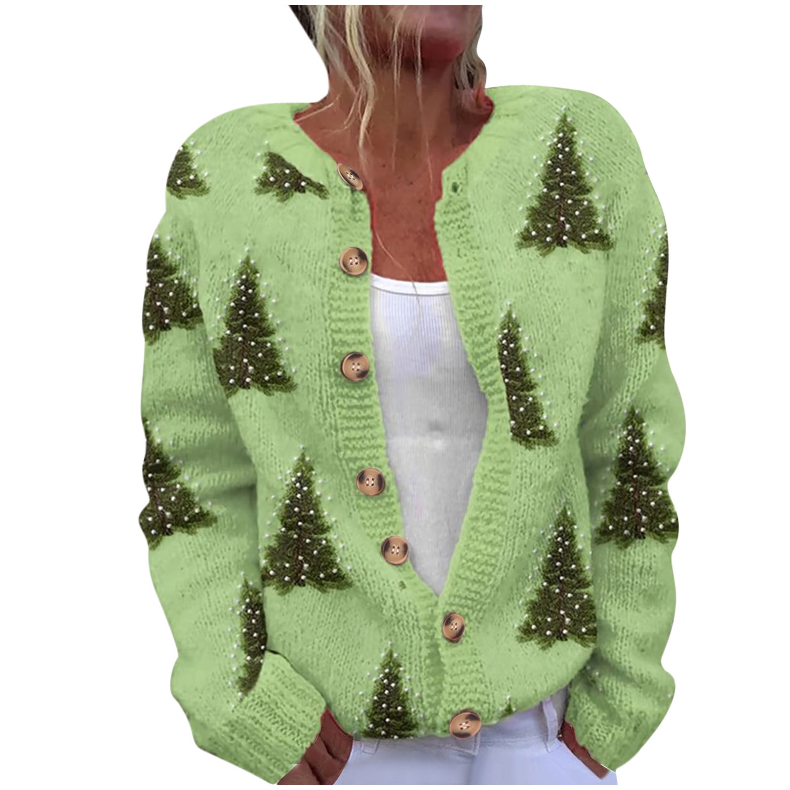 lcziwo Cute Cardigan Ugly Christmas Sweaters for Women Xmas Tree Print ...