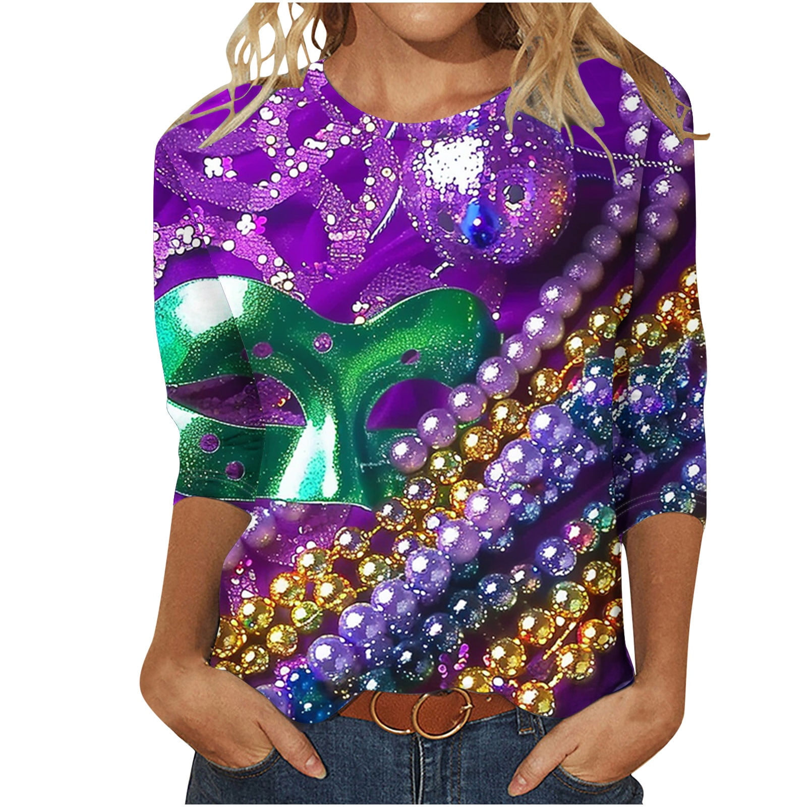 lcziwo Mardi Gras Sequin Shirts for Women 3/4 Sleeve Carnival Outfits ...