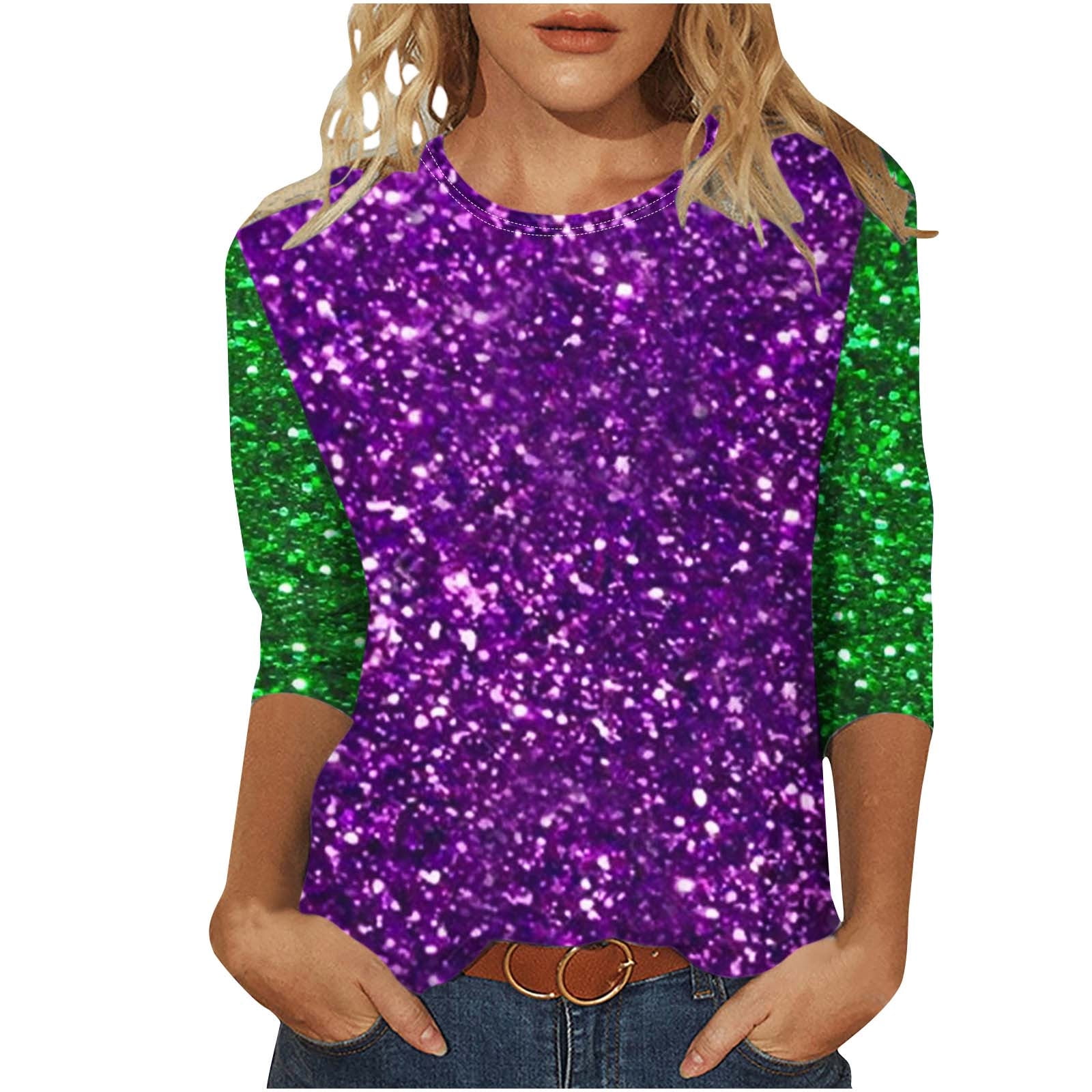 lcziwo Mardi Gras Shirts for Women 3/4 Sleeve Carnival Outfits Sequin ...