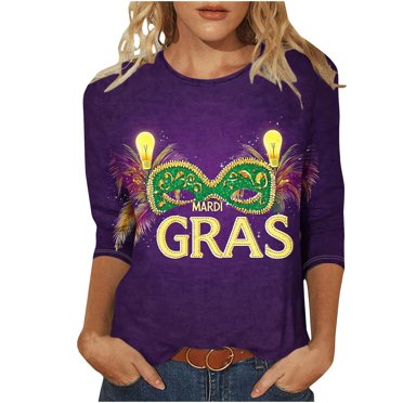 Jsaierl 3/4 Sleeve Tops for Women Plus Size Mardi Gras Mask Graphic ...