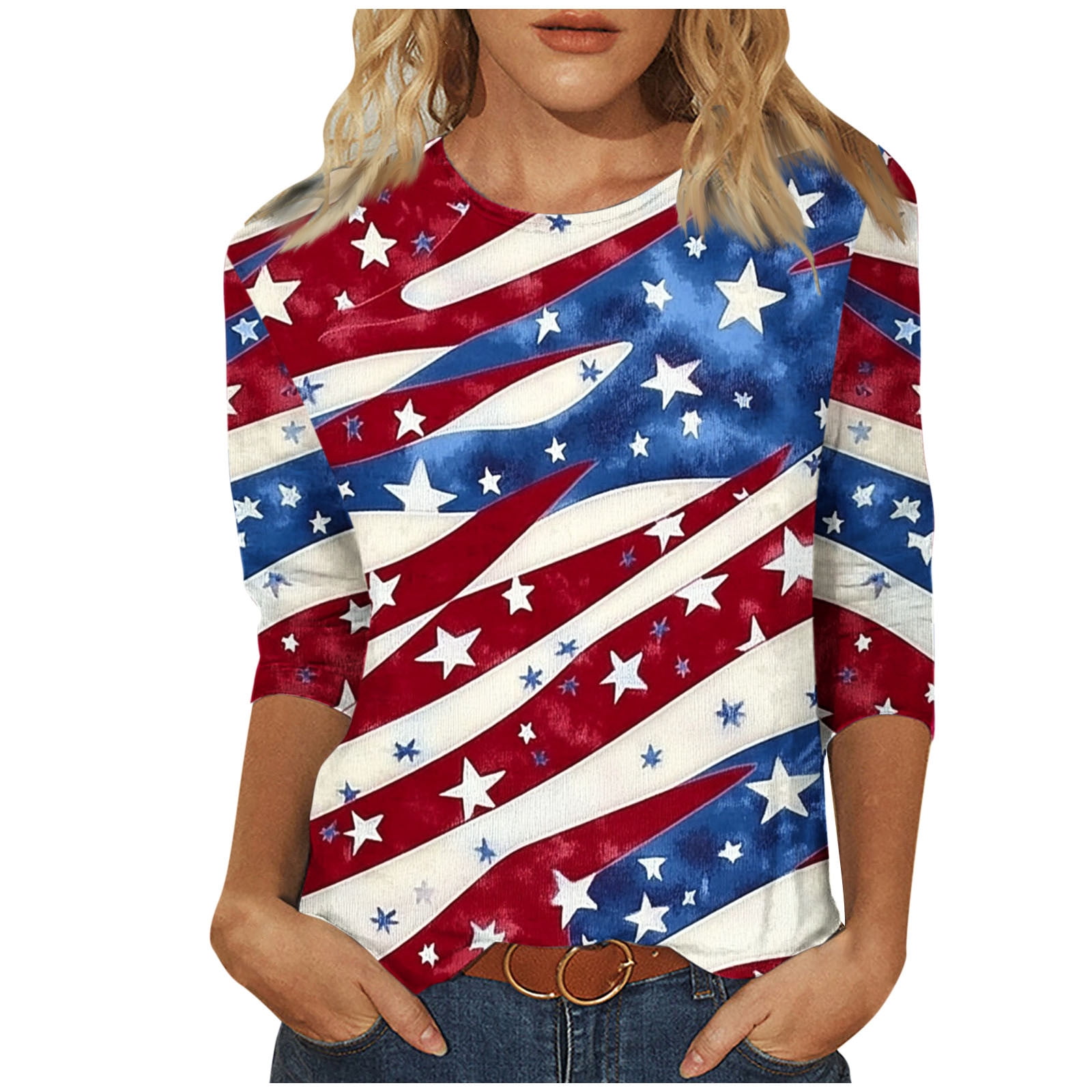 lcziwo Oversized 4th of July Shirts for Women 3/4 Sleeve Crew Neck Tops ...