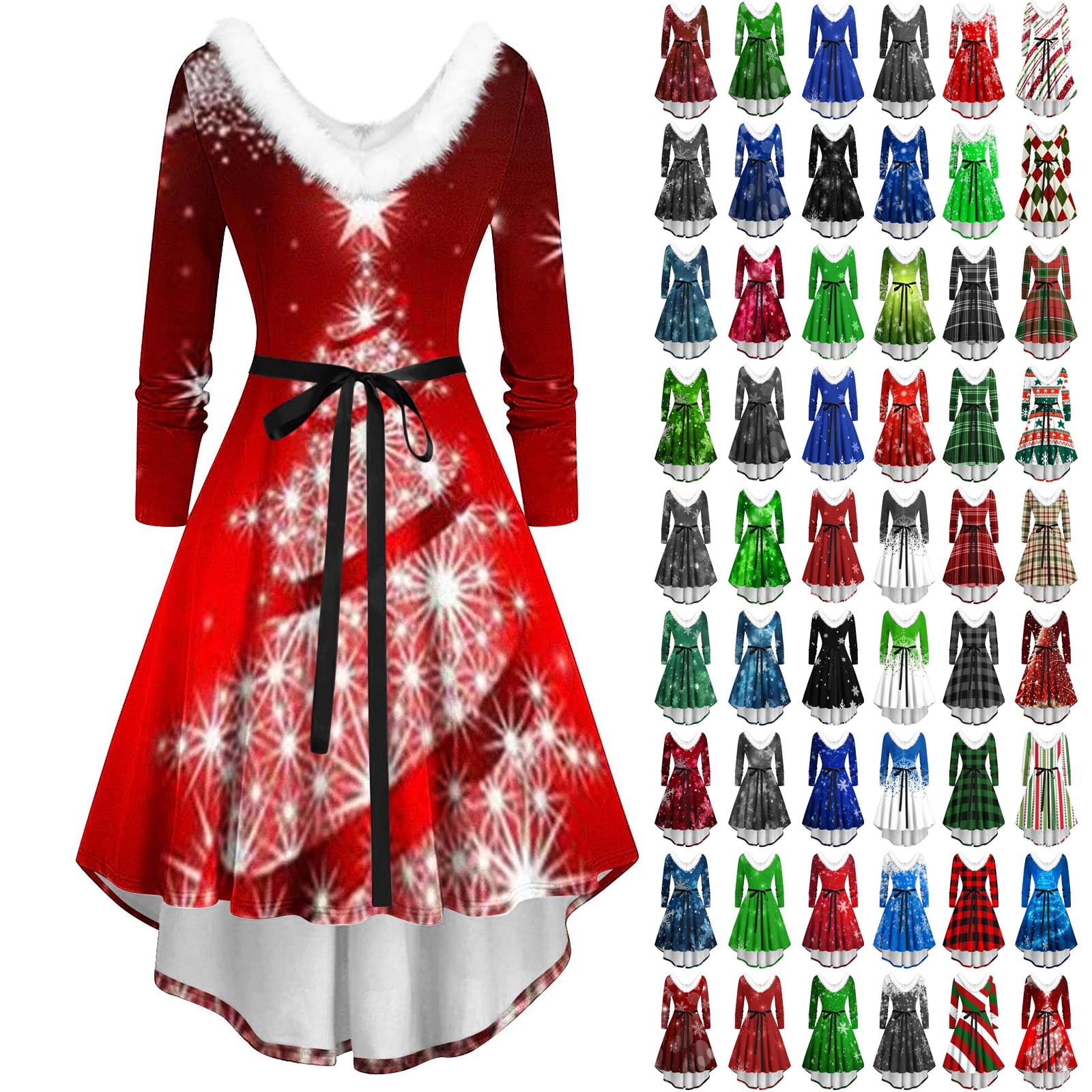 lcziwo Christmas Snowflake Dress for Women Faux Fur V Neck Long Sleeve ...