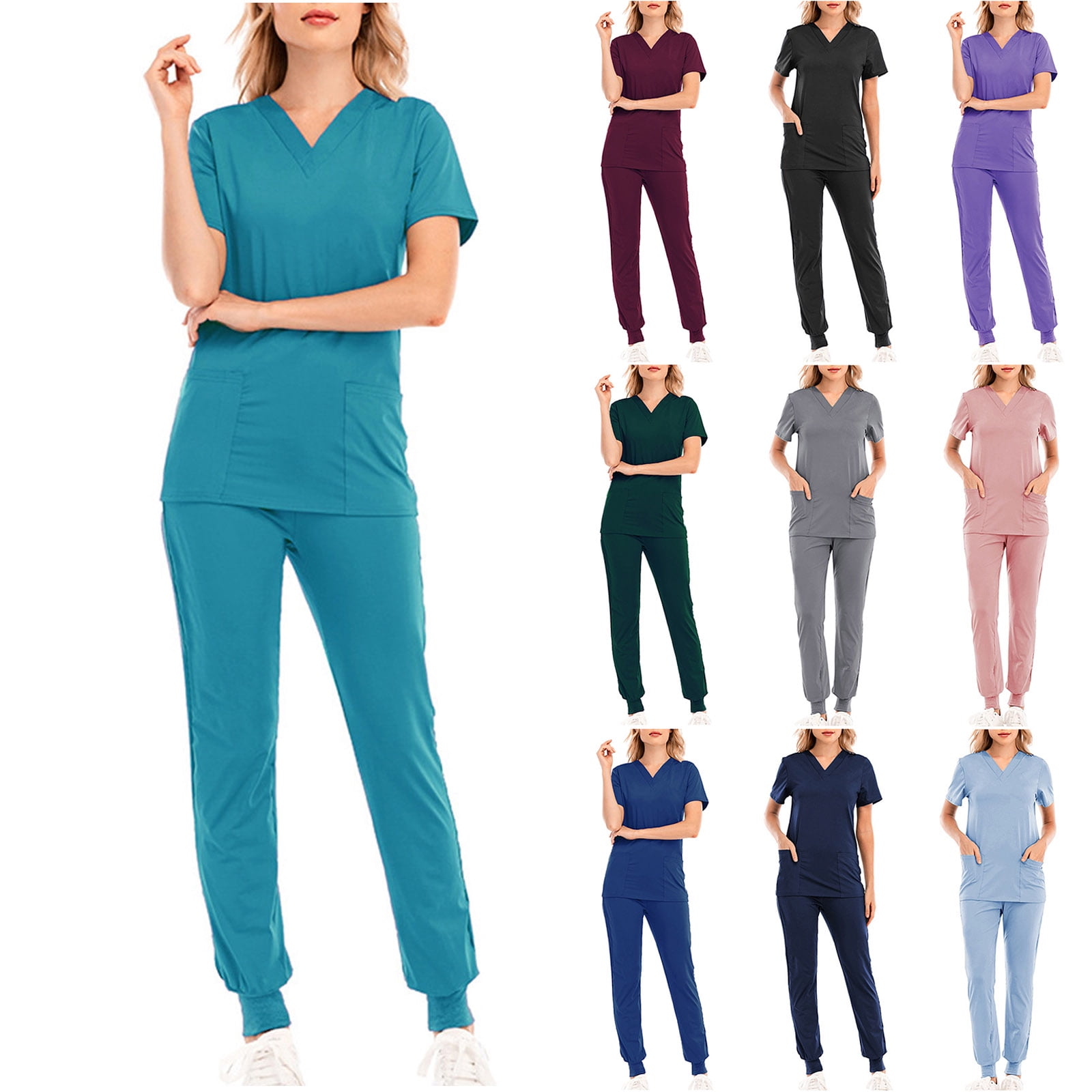 lcziwo Scrubs for Women Casual V-Neck Scrub Tops and Drawstring Yoga ...
