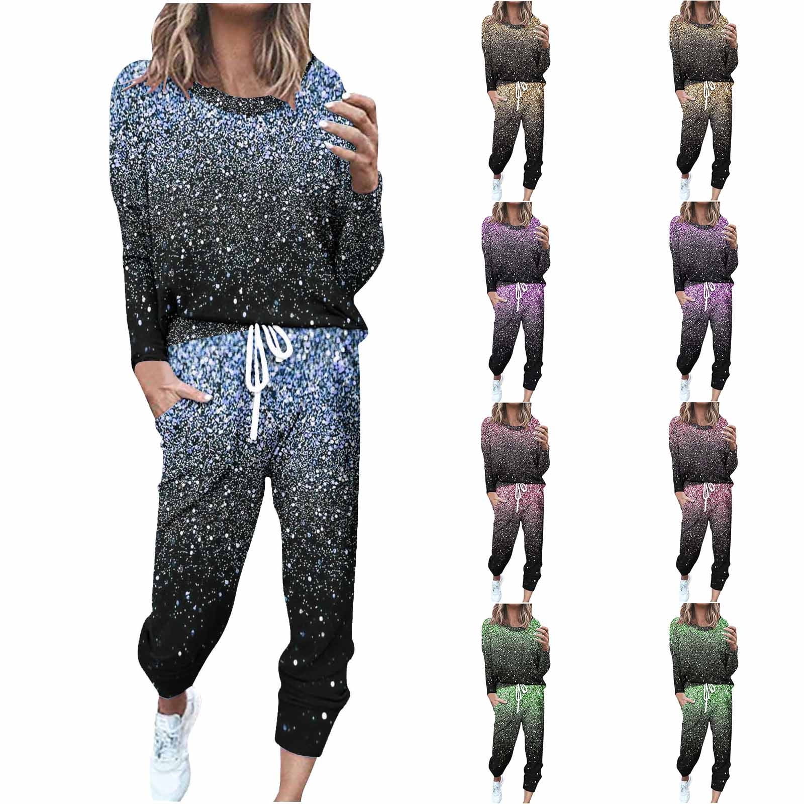 lcziwo Sequin Jogger Set for Women Spring Two Piece Outfit Long Sleeve ...