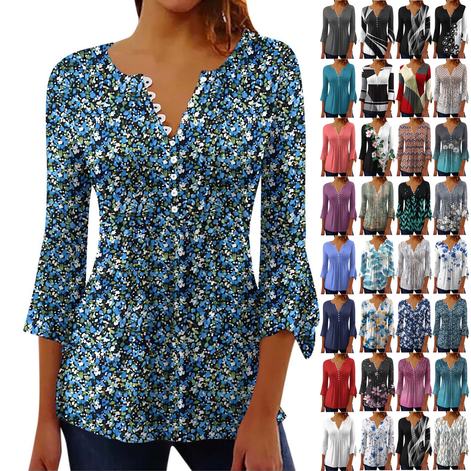 lcziwo Shirts for Women Casual Button Pleated Belted Horn 3/4 Sleeve ...