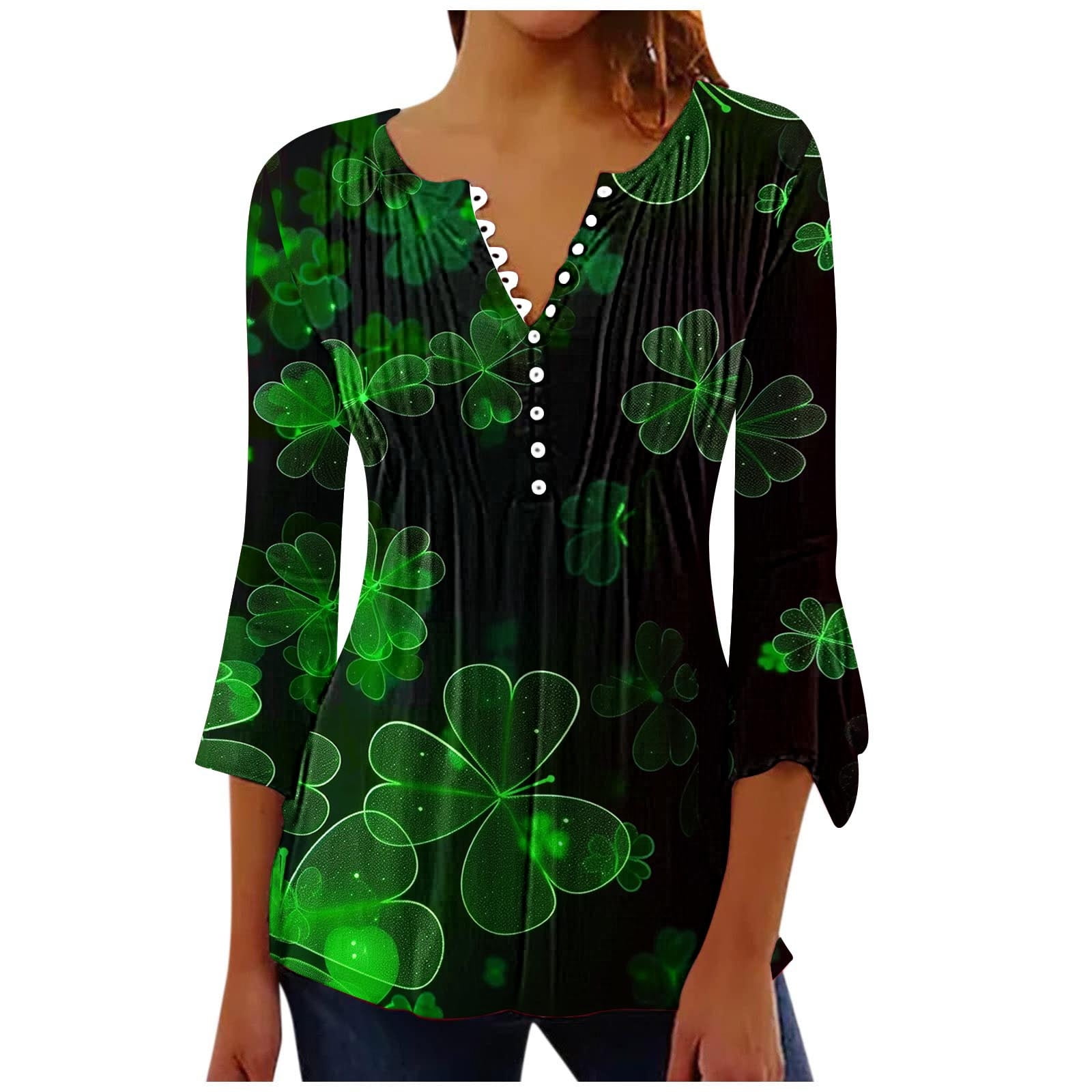 lcziwo St Patrick Day Shirts for Women Bell 3/4 Sleeve Shamrock Lucky Irish Clover Button Down ...