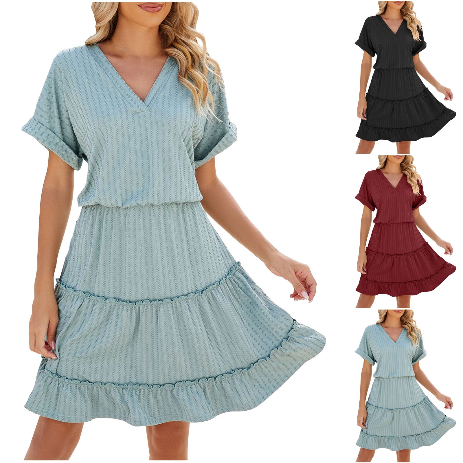 lcziwo Summer Dresses for Women 2025 Casual Short Sleeve V Neck Tiered ...