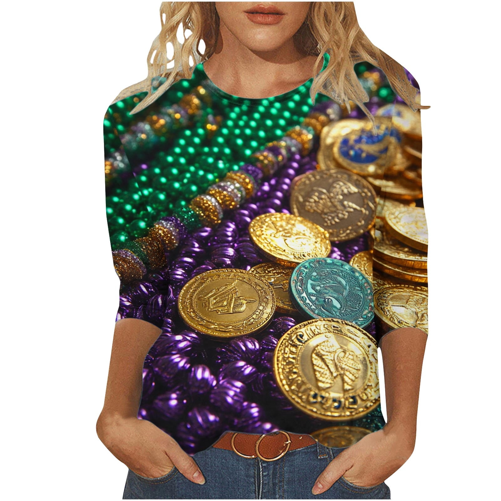 lcziwo Tops for Women 3/4 Sleeve Mardi Gras Shirts for Women Plus ...
