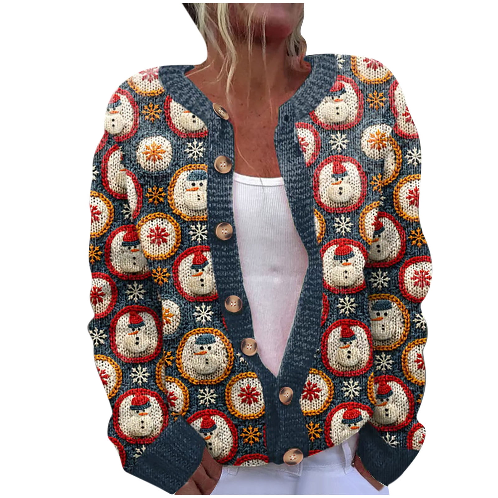 lcziwo Vacation Sale Women Ugly Christmas Cardigan Xmas Snowman Print Cute Open Front Knit ...