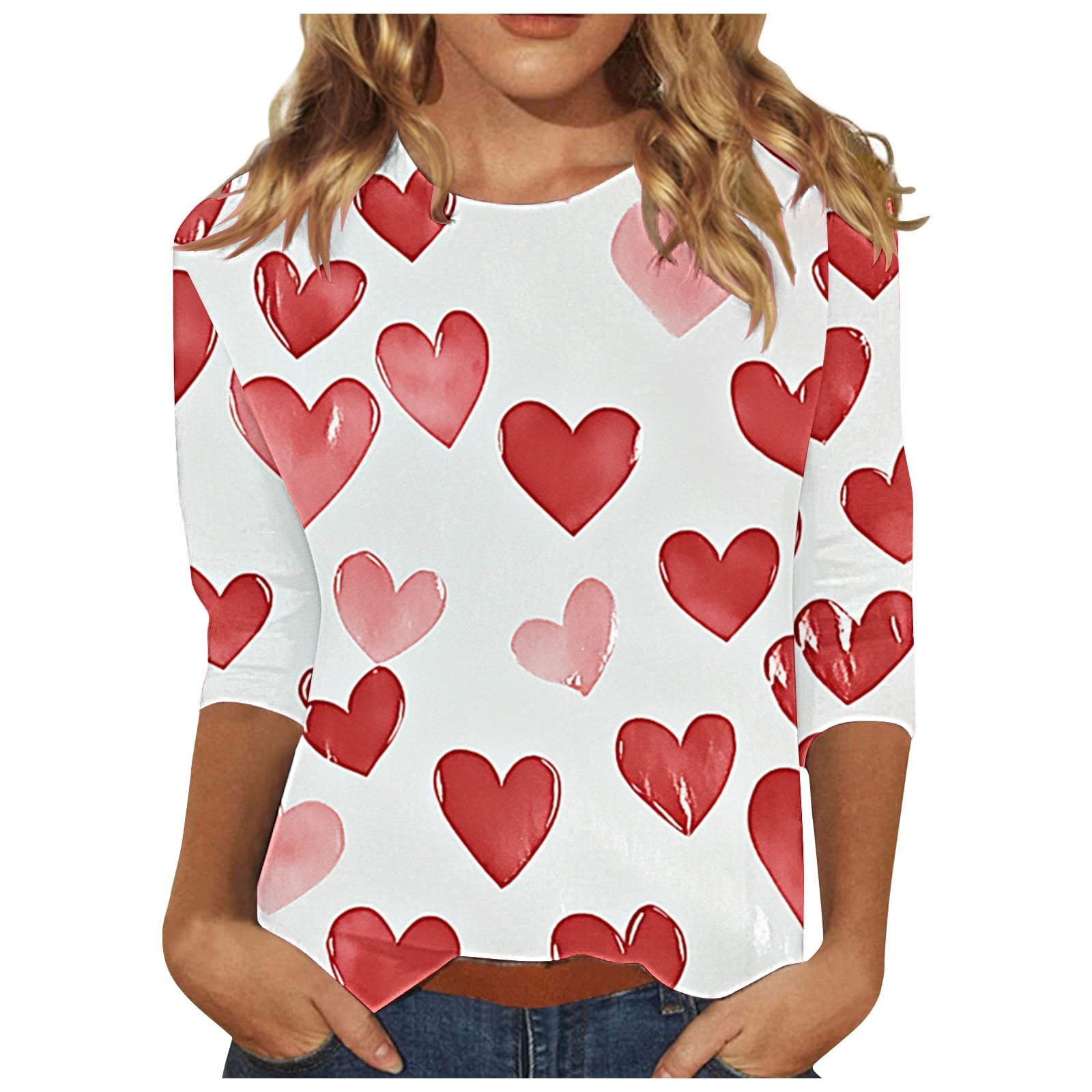 lcziwo Valentine T Shirts for Women 3/4 Sleeve Tunic Tops Crew Neck Cute Love Heart Print Blouse ...