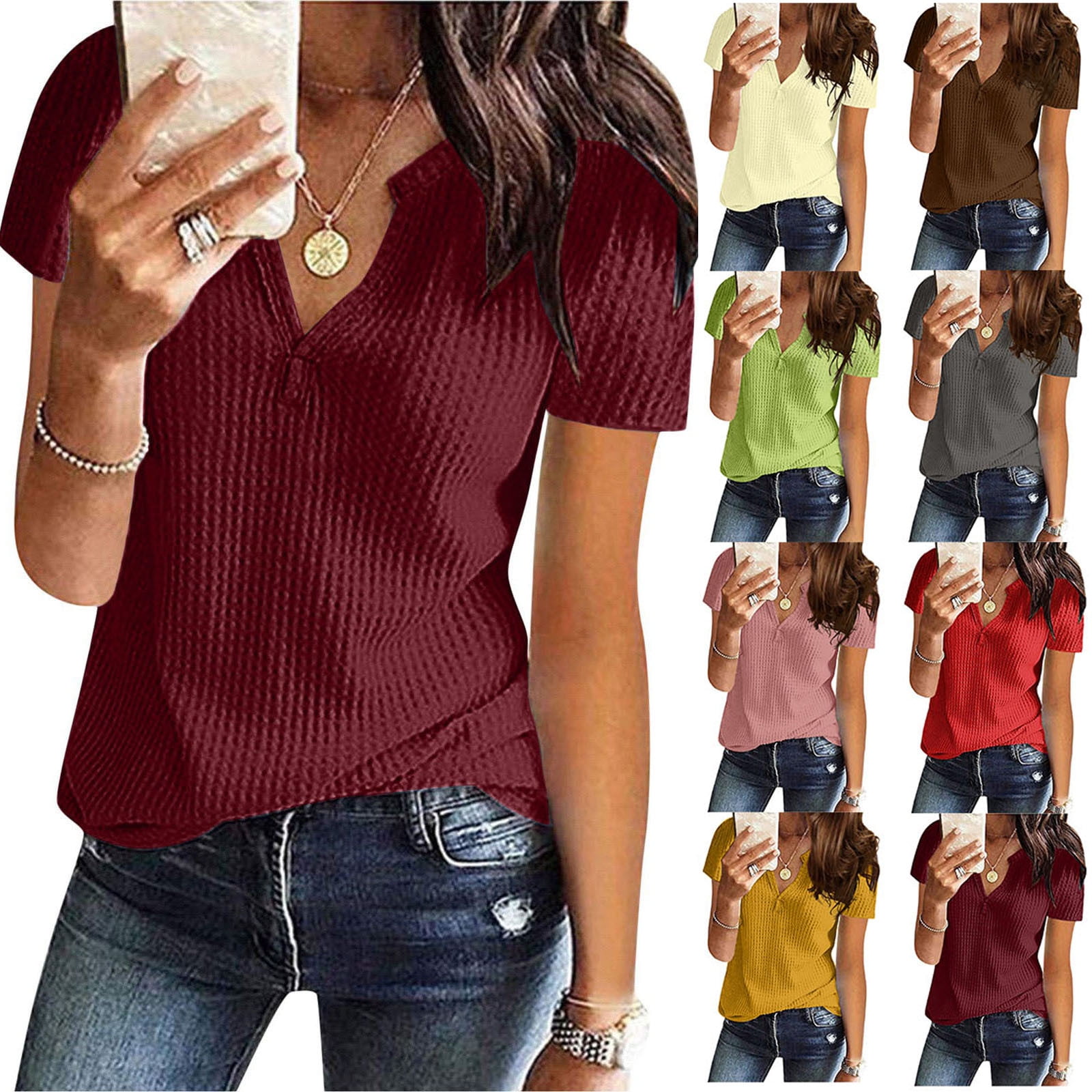 lcziwo Waffle Knit Short Sleeve Tops for Women Summer V Neck Henley ...