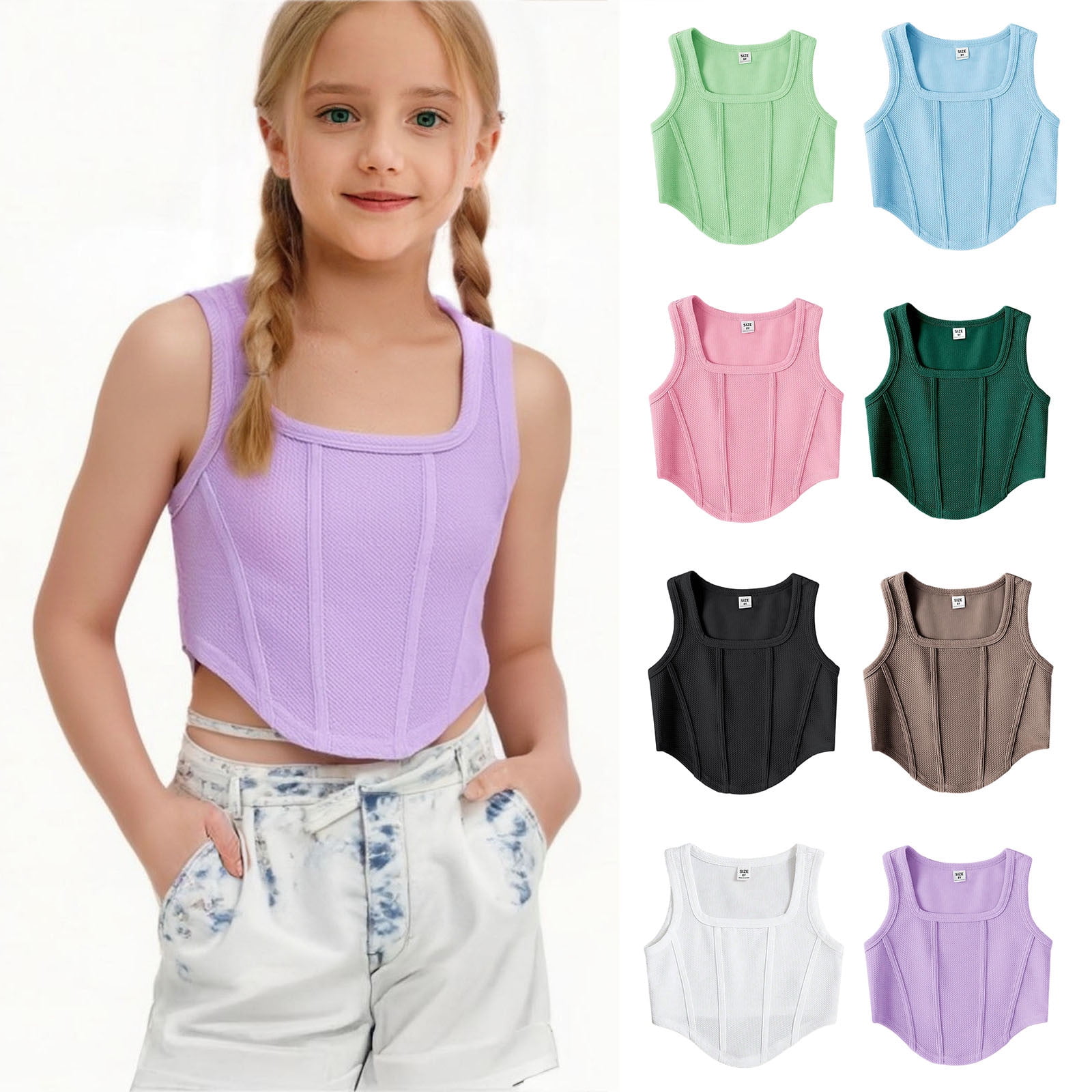 lcziwo Weekly Sales! Girl's Textured Sleeveless Square Neck Tanks ...
