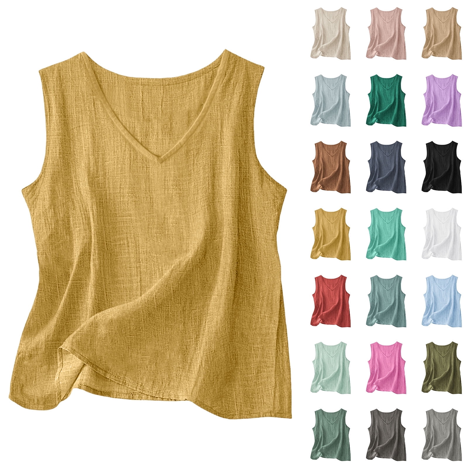 lcziwo Women Wide Strap Tank Top Linen Comfortable Loose Camisole Solid ...