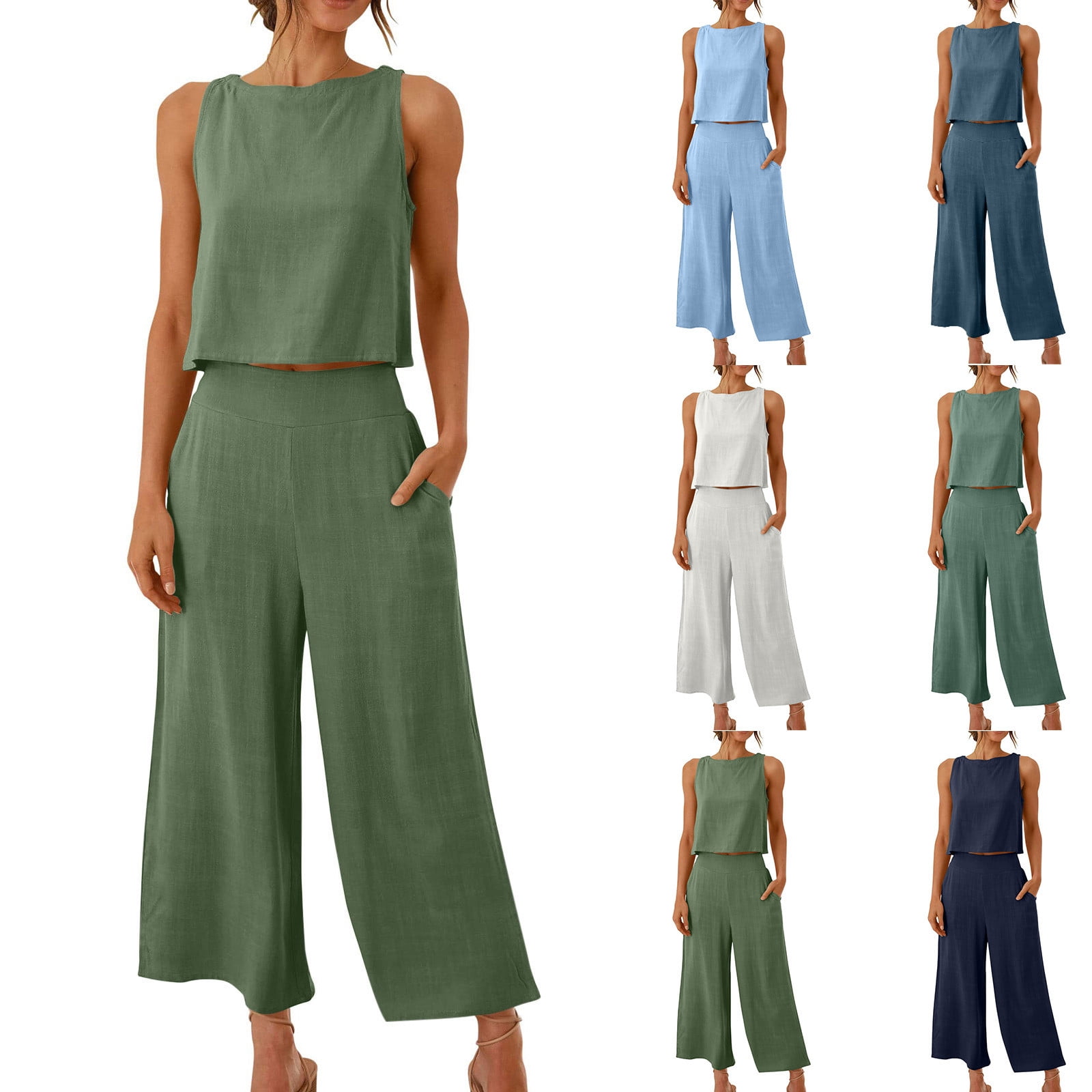Lcziwo Womens 2025 Summer 2 Piece Sets Cotton Linen Sleeveless Crop