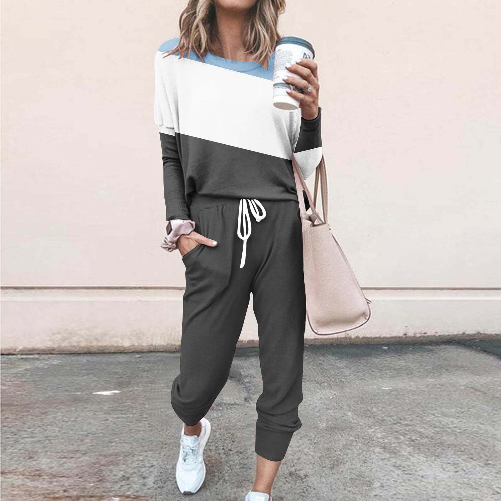 lcziwo Women's Color Block Jogger Set, Long Sleeve Top and Sweatpants ...