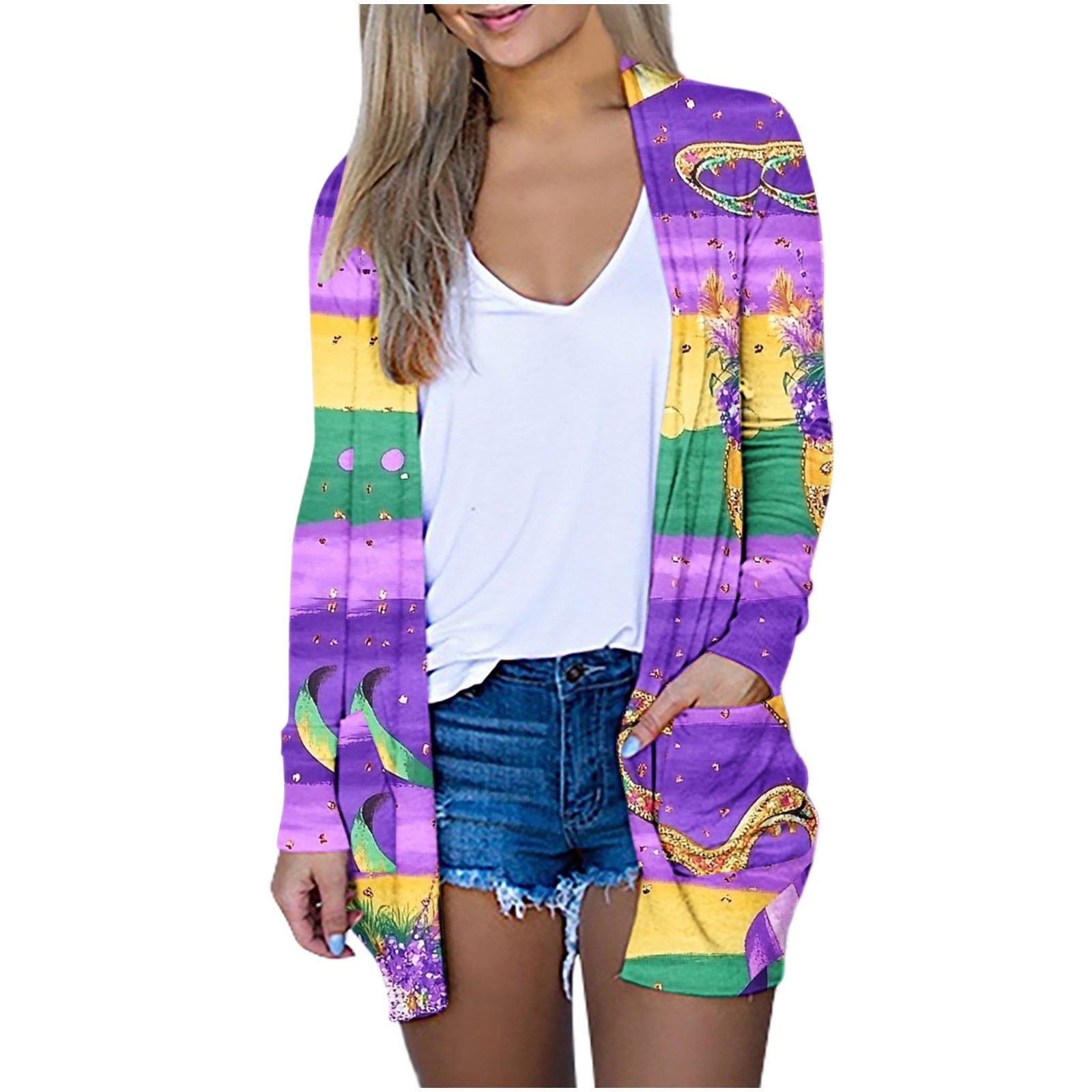 lcziwo Women's Mardi Gras Cardigan Open Front Casual Sweater with ...