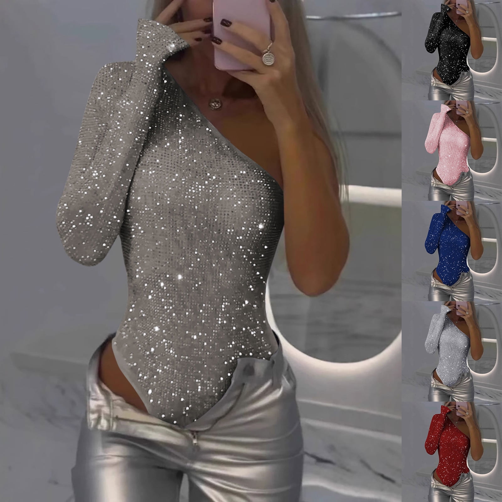 lcziwo Women's One Shoulder Sequin Bodysuits Sparkly Glitter Long ...