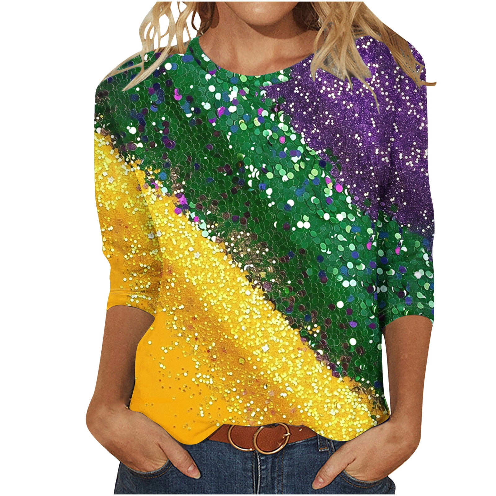 lcziwo Womens Mardi Gras 3/4 Tshirts 2025 Plus Size Round Neck Pullover ...