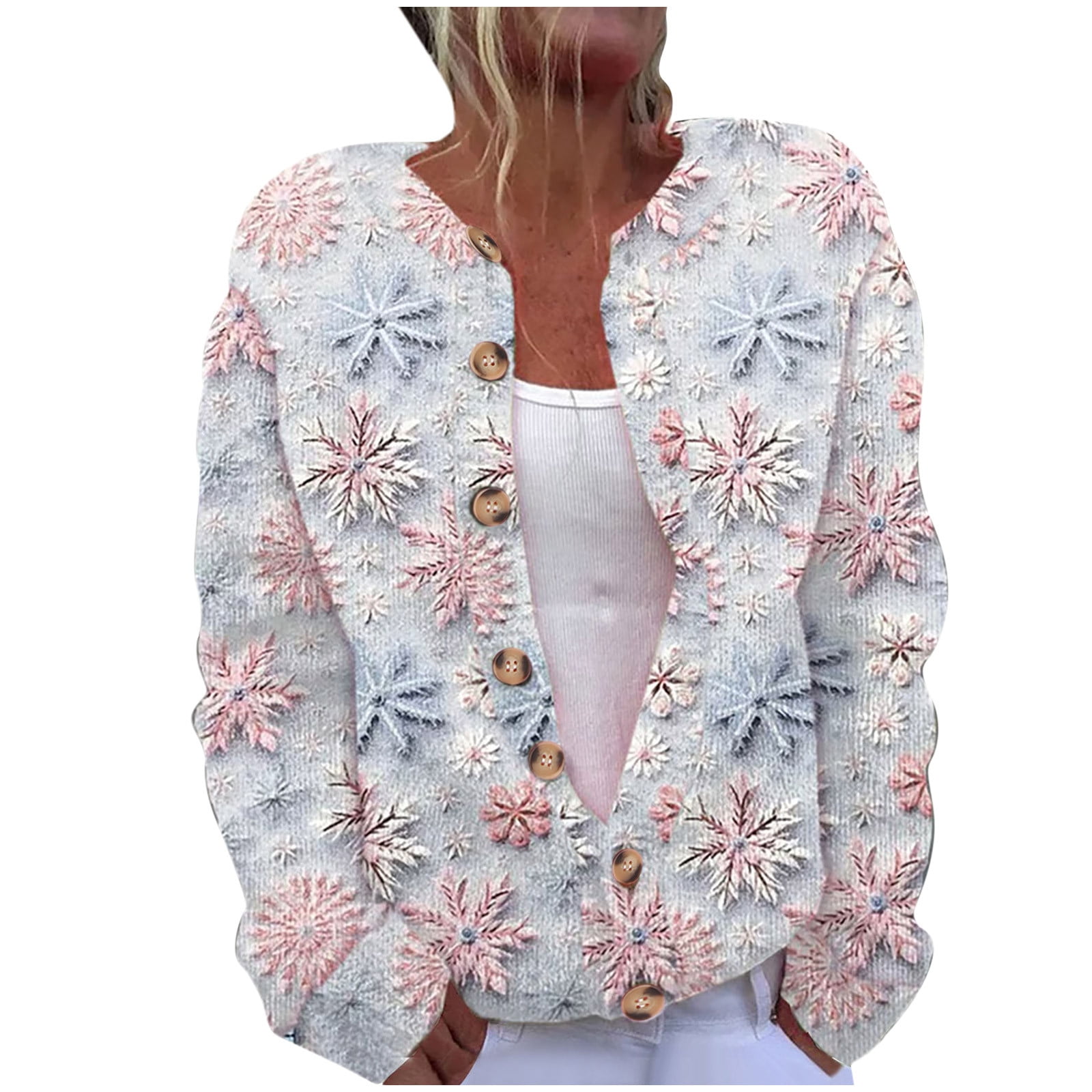 lcziwo Womens Plus Christmas Cardigans Snowflake Print Long Sleeve ...