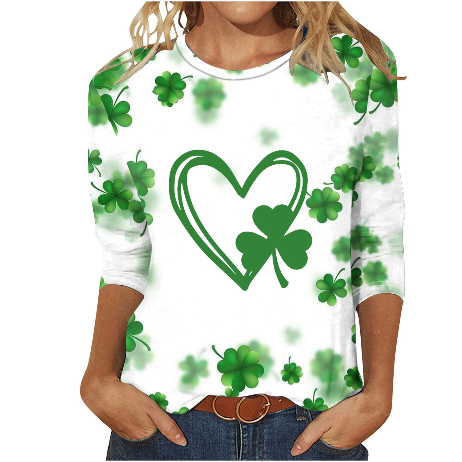 lcziwo Womens St Patty's Day Shirt Plus Size 3/4 Sleeve Irish Clover ...