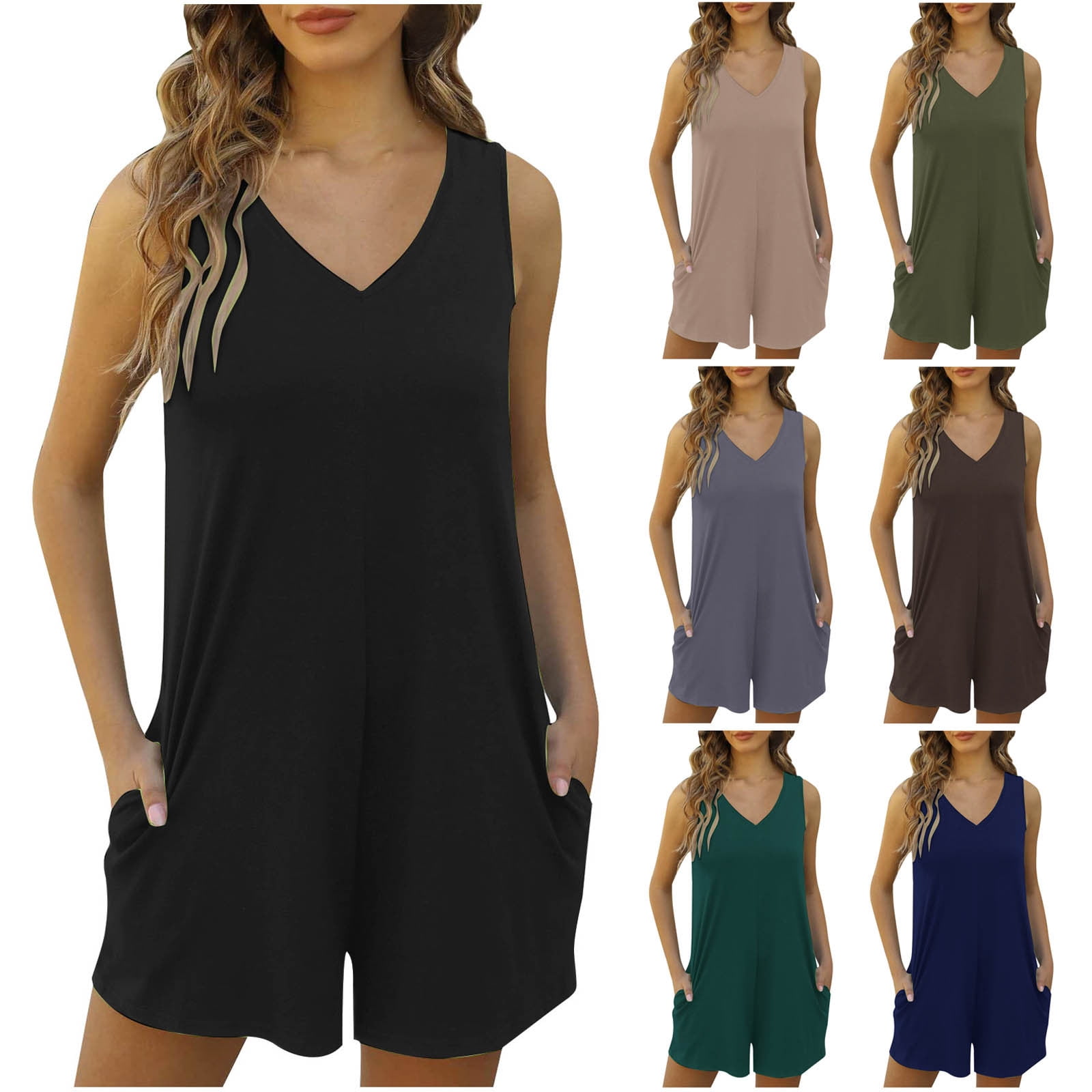 lcziwo Womens Summer Casual Sleeveless Rompers Loose Fit V Neck Short ...