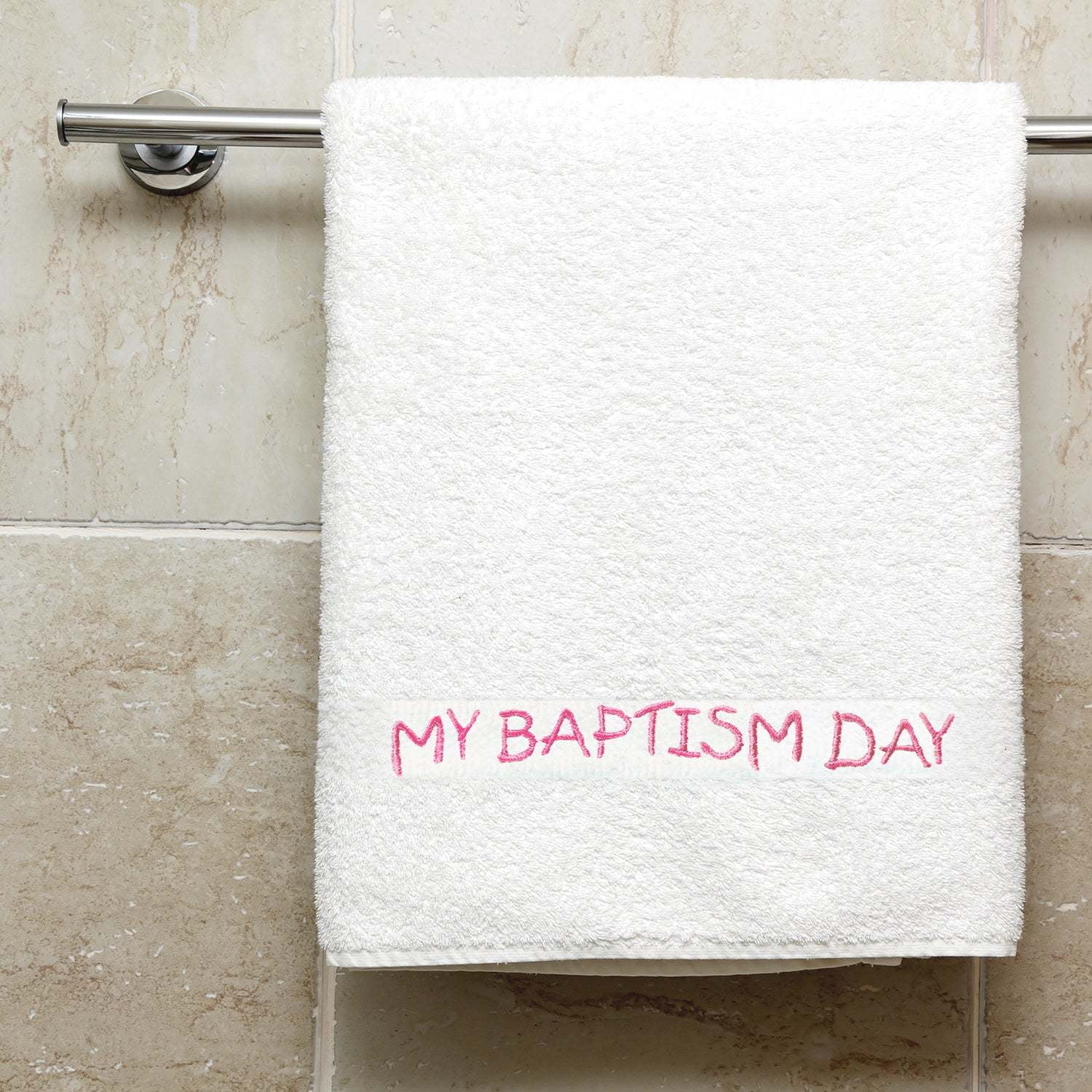 Ringmasters White Baptism Towel with Pink Emroidered "My Baptism Day ...